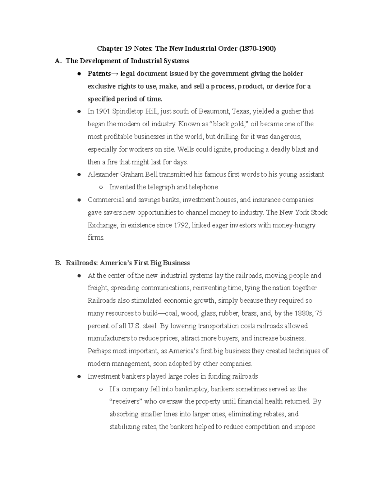 HIST 212 Chapter 19 Notes - Chapter 19 Notes: The New Industrial Order ...