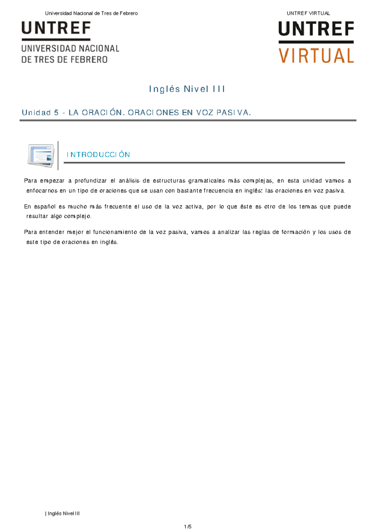Unidad 5 - Inglés Nivel III Unidad 5 - LA ORACIÓN. ORACIONES EN VOZ ...