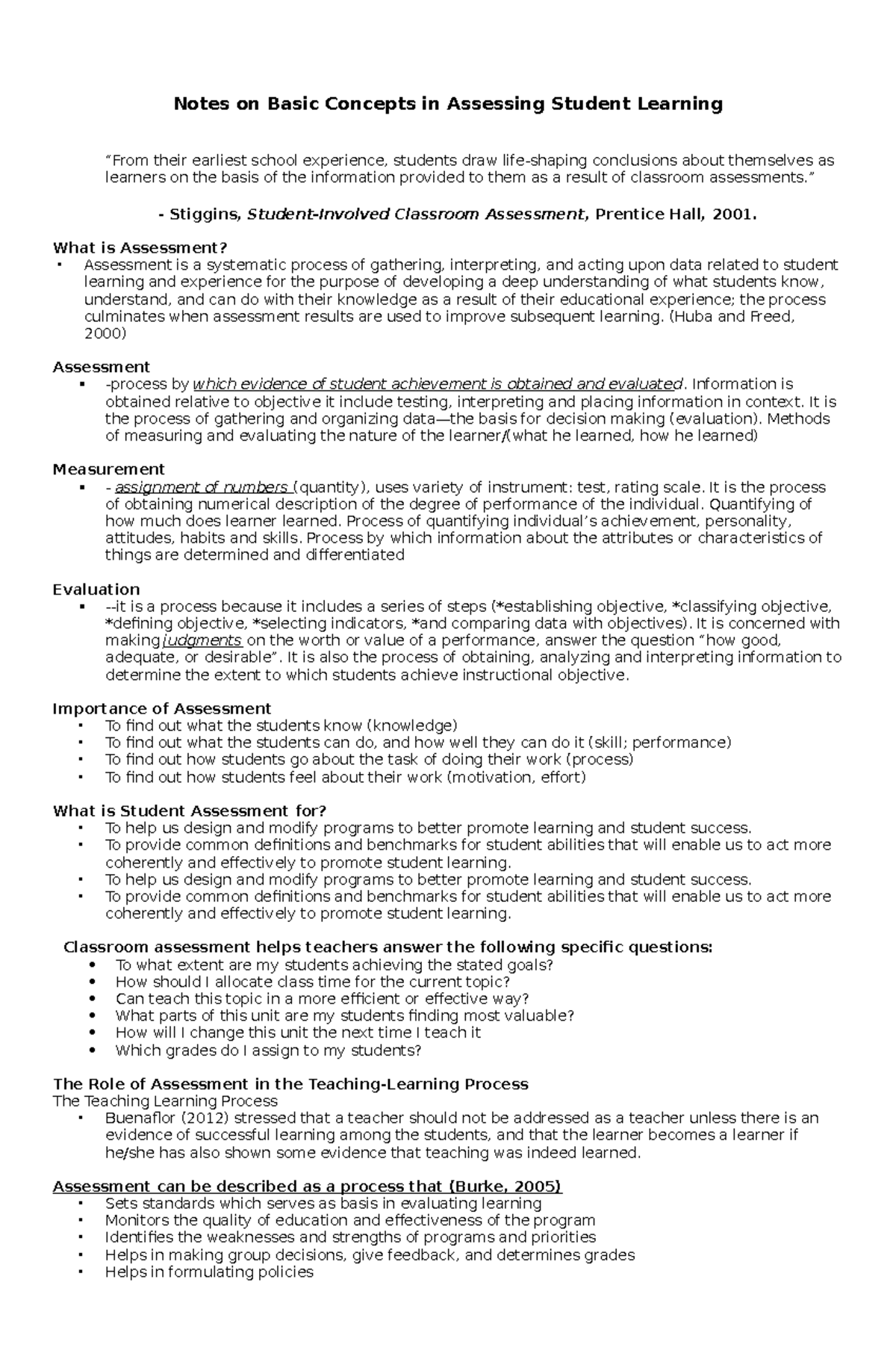 Notes on Basic Concepts in Assessing Student Learning - ” Stiggins ...