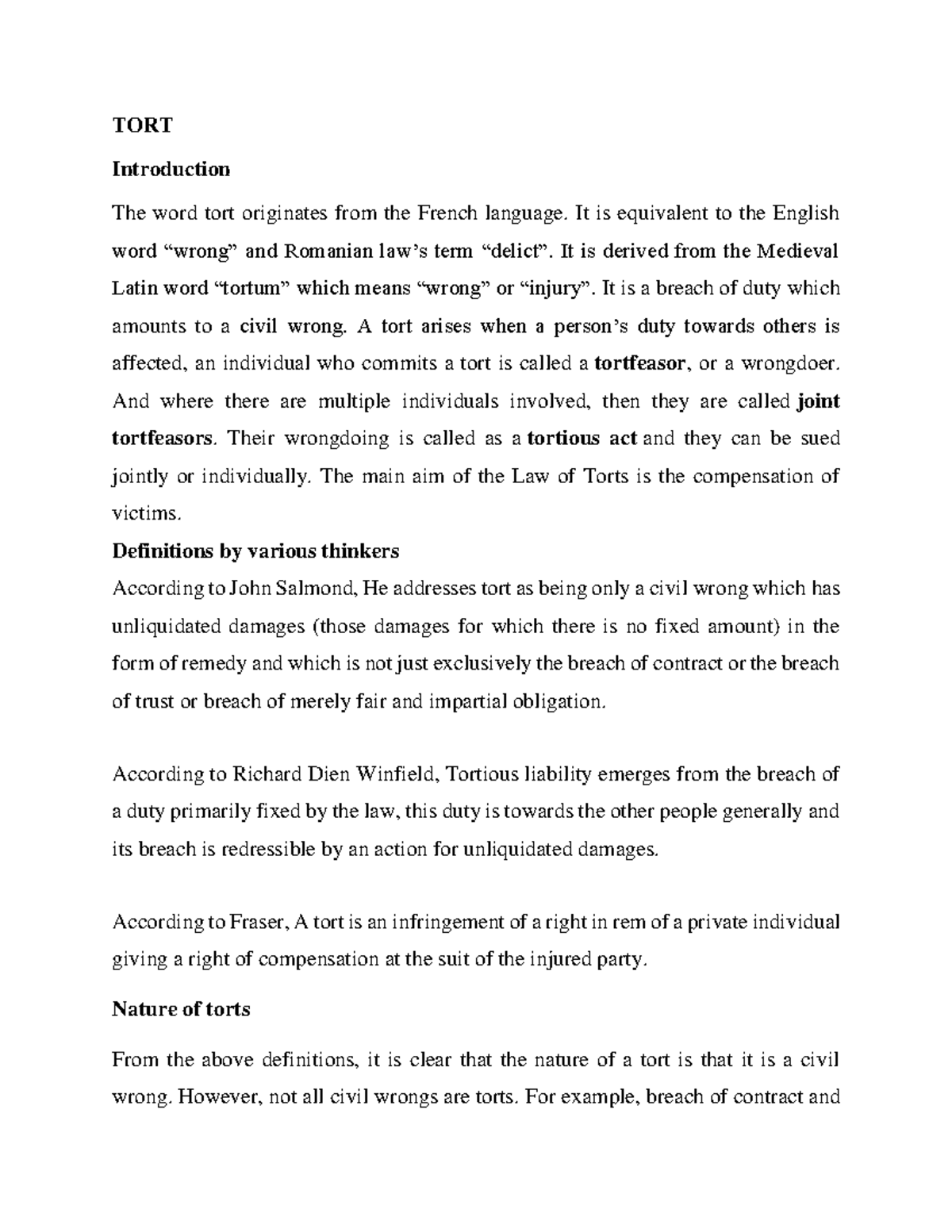Tort law 1st sem compiled notes - TORT Introduction The word tort ...