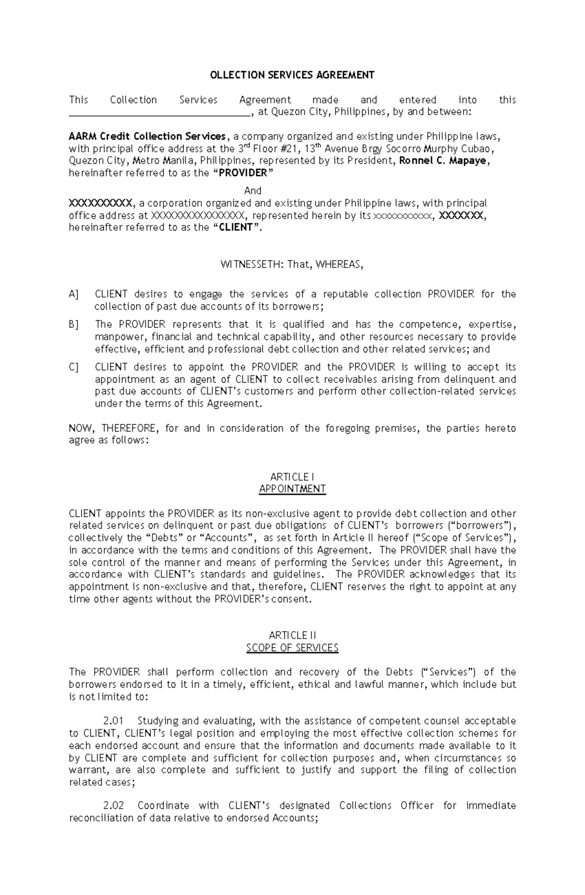 Collection- Services- Agreement - Mapaye, hereinafter referred to as ...