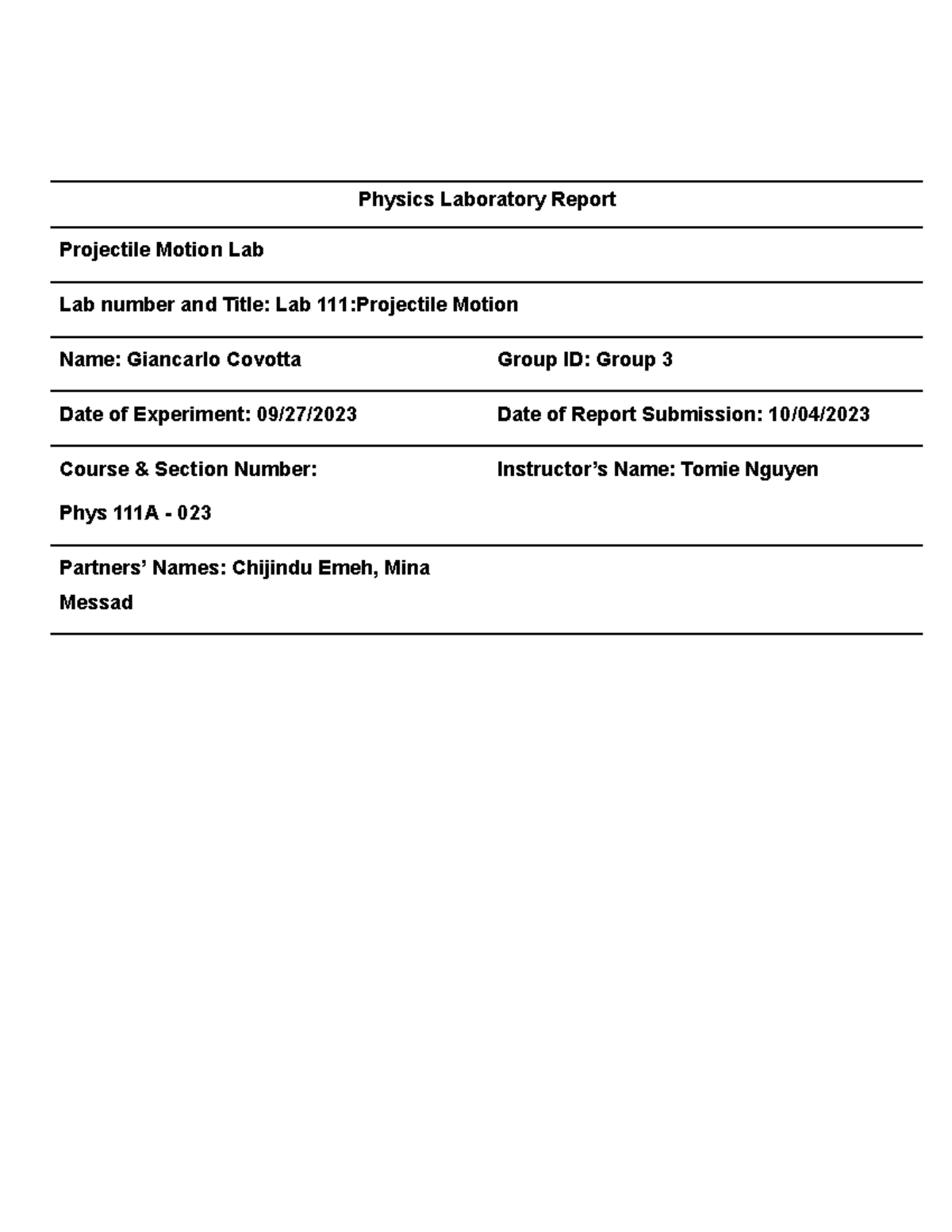 Lab 111 Projectile Motion - Physics Laboratory Report Projectile Motion ...