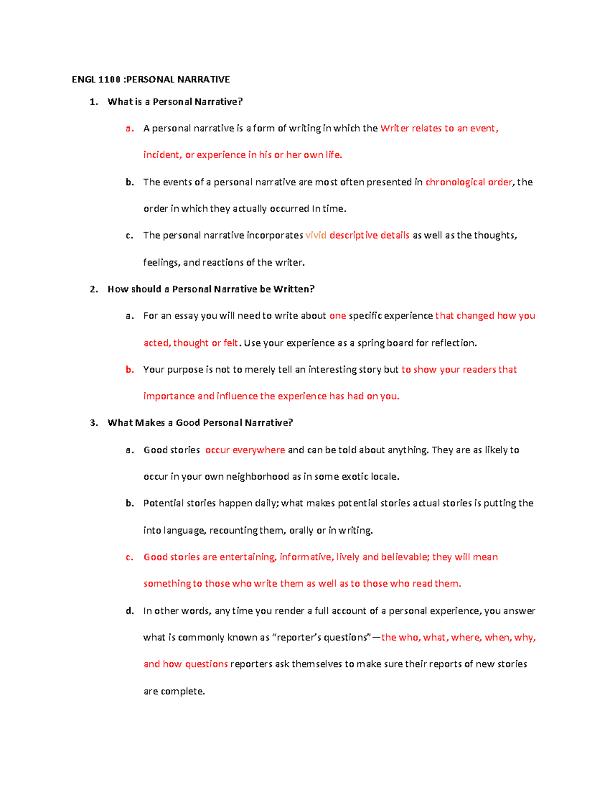 Personal Narrative Notes - ENGL 1100 :PERSONAL NARRATIVE What is a ...
