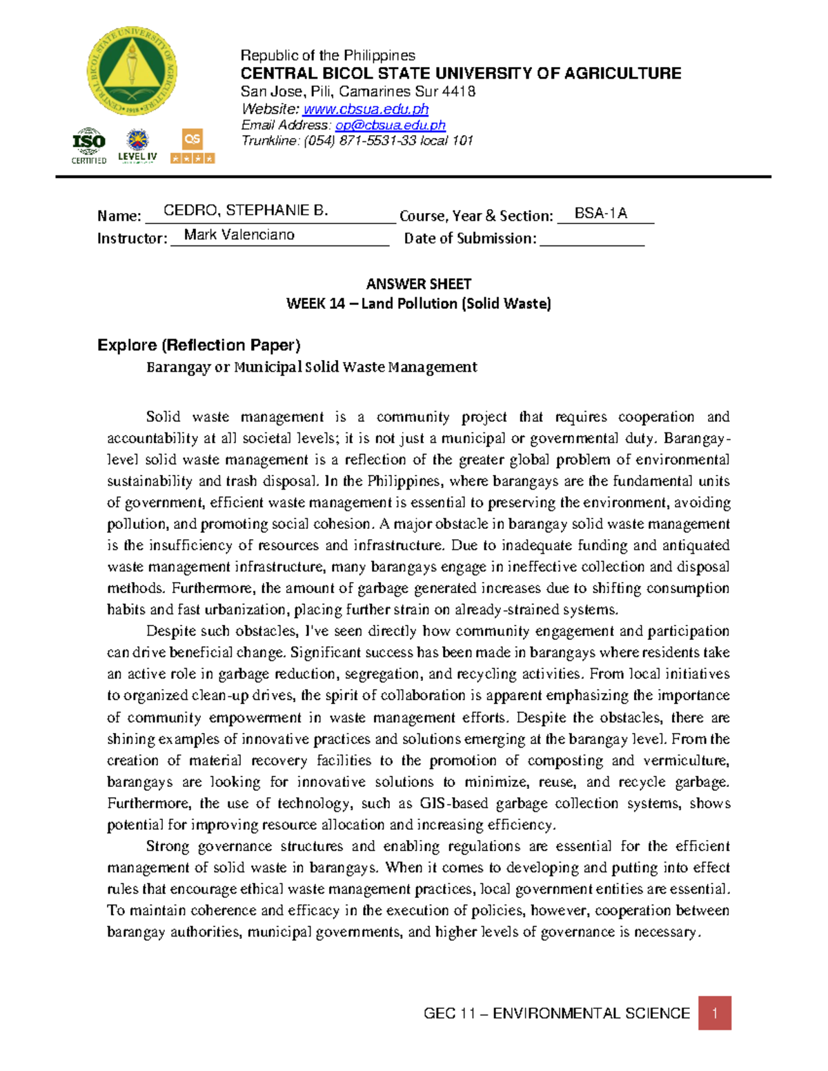 Worksheet - Land Pollution - GEC 11 – ENVIRONMENTAL SCIENCE 1 Republic ...
