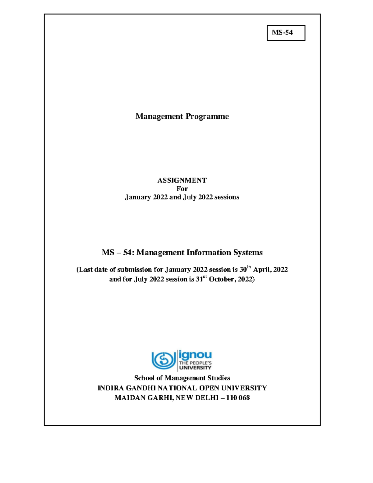 Ms54 2022 I - Assignment - Management Programme ASSIGNMENT For January ...