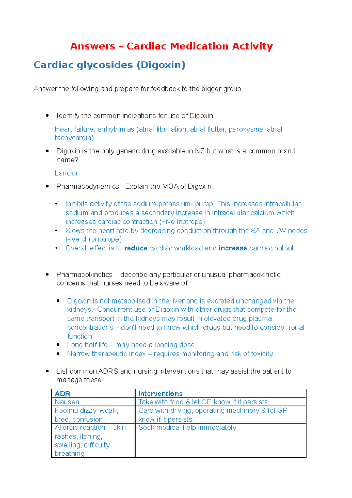 Answers - Cardiac Medications Group Work - Answers – Cardiac Medication ...