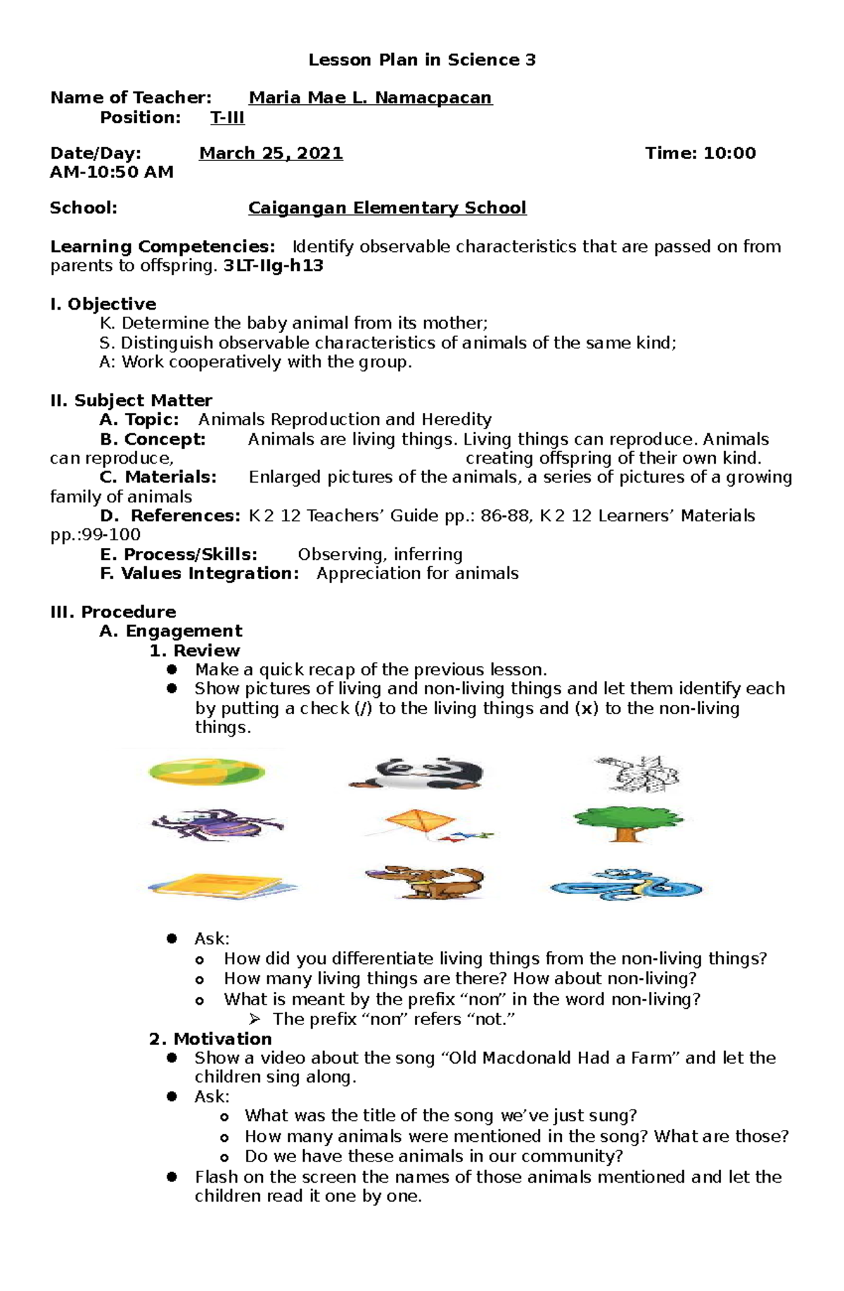 1st COT Science 3 2020 2021 Long Bond Paper - Lesson Plan in Science 3 ...
