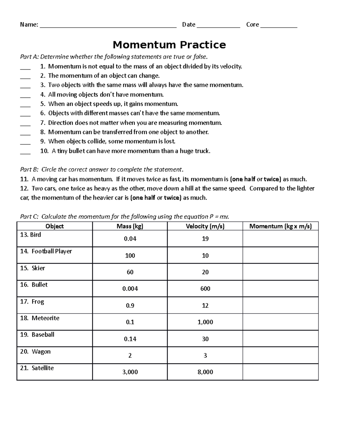 Momentum problems - Name ...