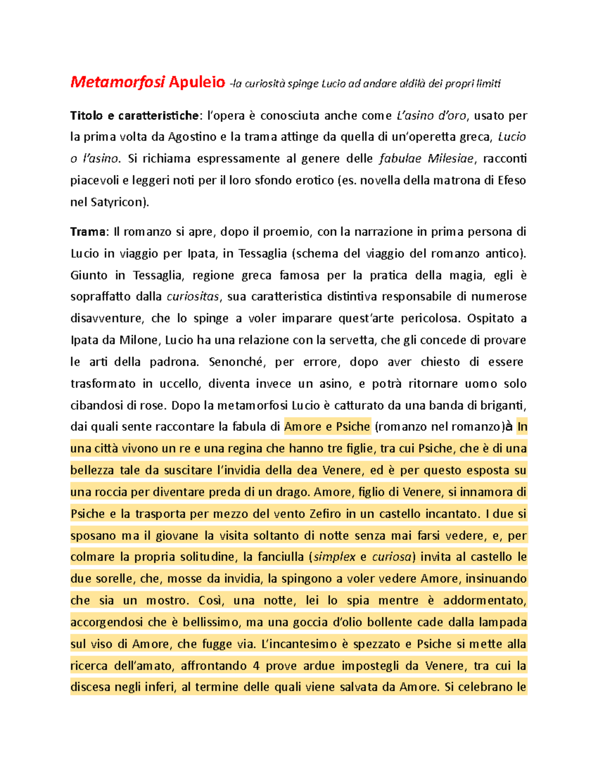 Metamorfosi Apuleio - riassunto - Lingua e Cultura Latina (Scientifico ...