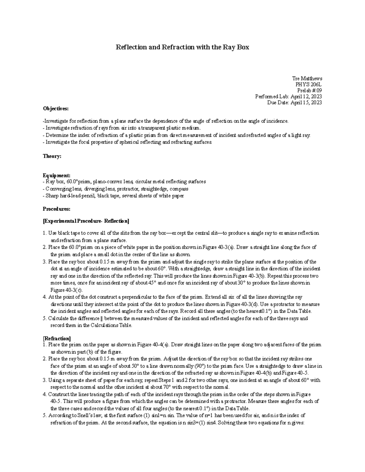 Reflection and Refraction with the Ray Box - Investigate refraction of ...