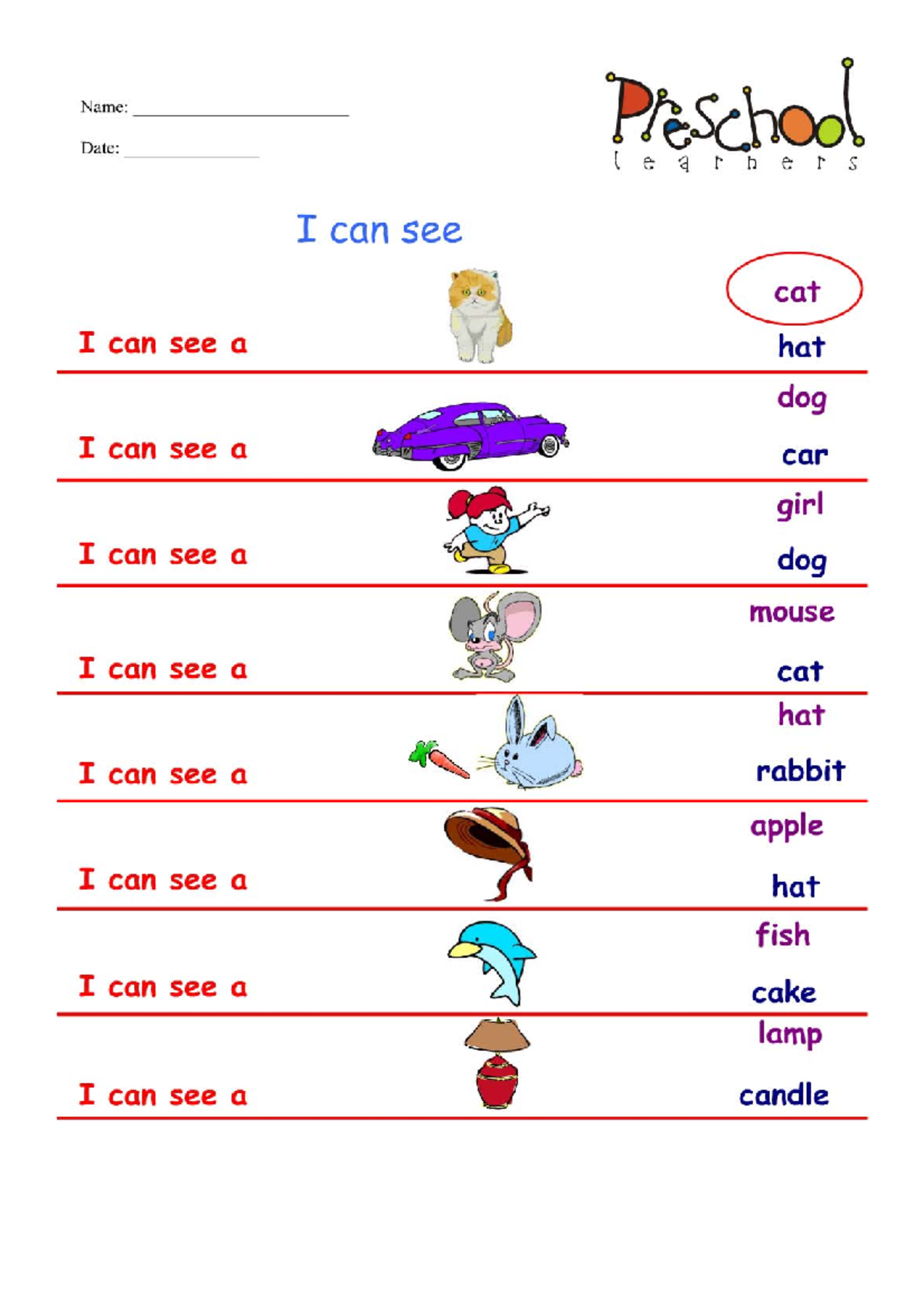 Ai000003 - Practice - Reading and Writing - Name: Preschool Date: I e a ...