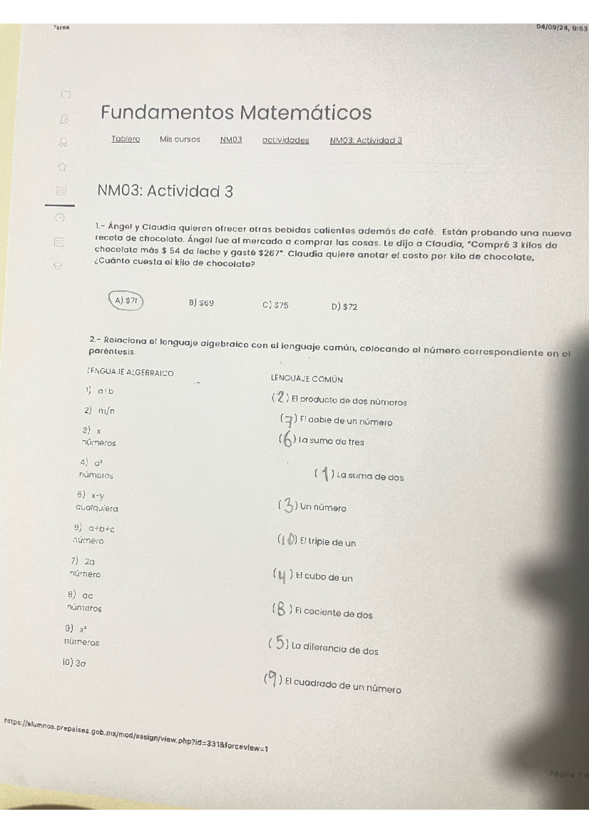Nm03 act 3 - nm03 actividad 3 - 9:53 Tarea Fundamentos Matemáticos Tablero Mis cursos NM03 - Studocu