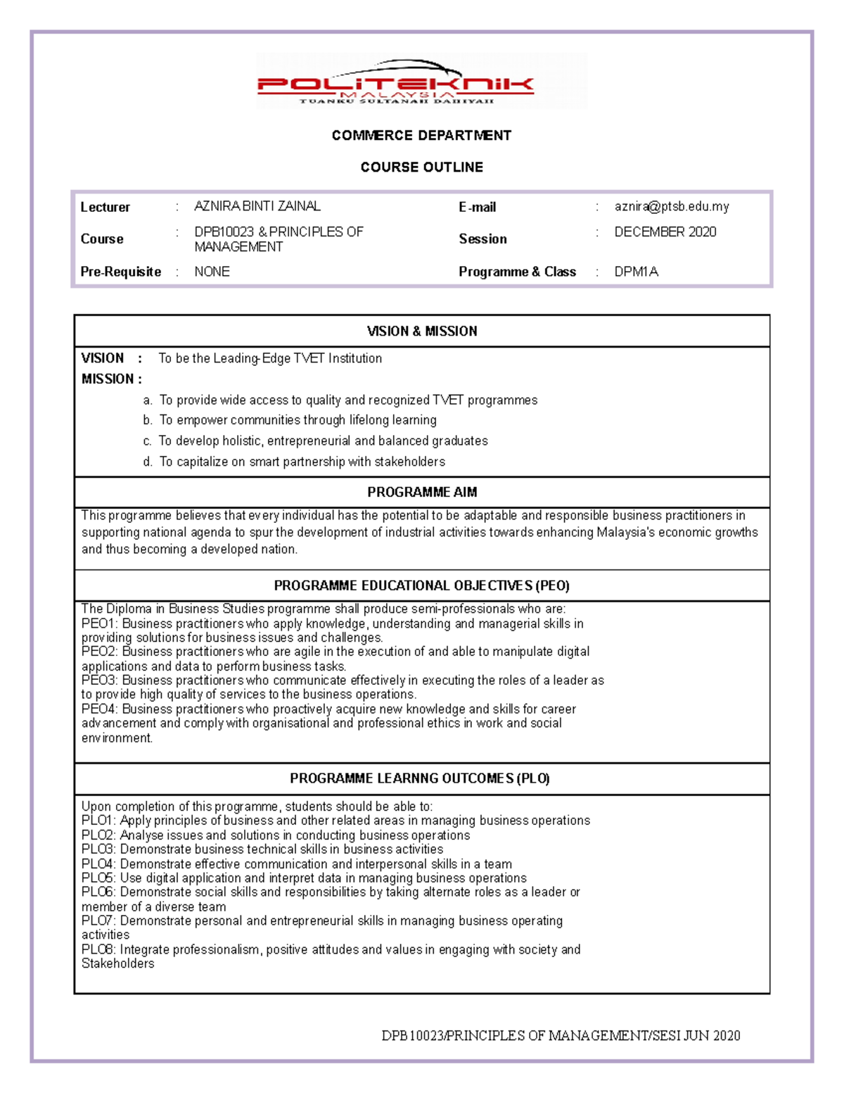 Course Outline DPB10023 - COMMERCE DEPARTMENT COURSE OUTLINE Lecturer ...