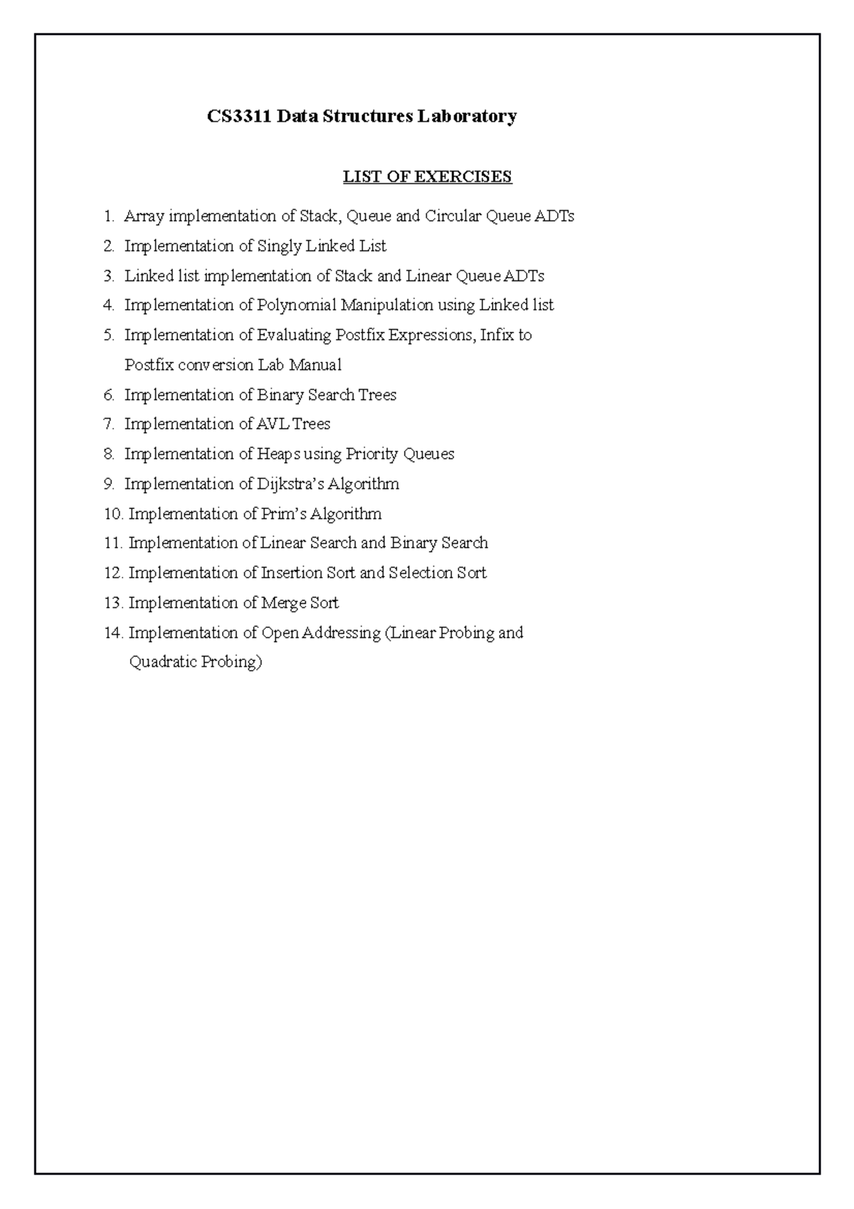 661461362 CS3311 Data Structures Lab R2021 - CS3311 Data Structures Laboratory LIST OF EXERCISES ...