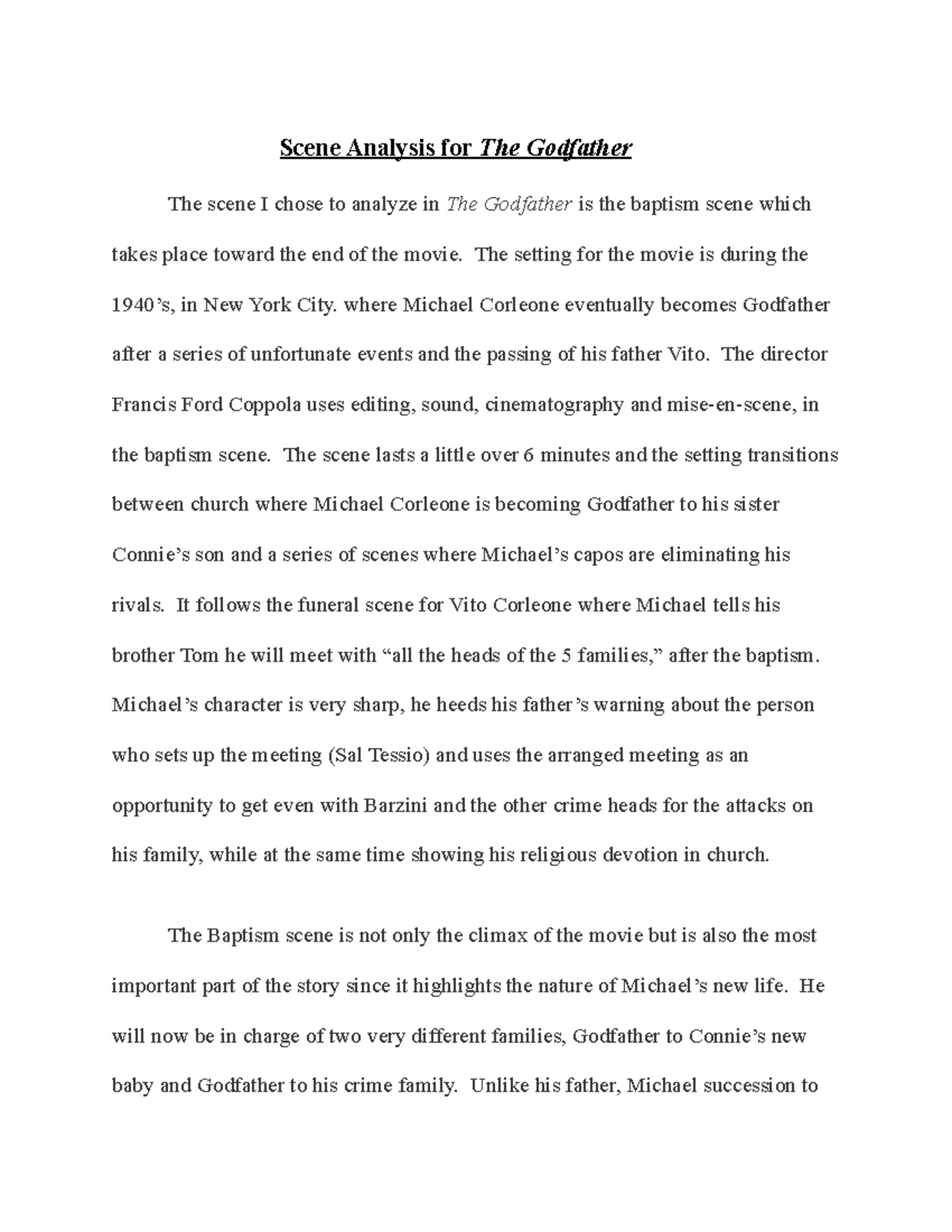 Scene Analysis for The Godfather - The setting for the movie is during ...