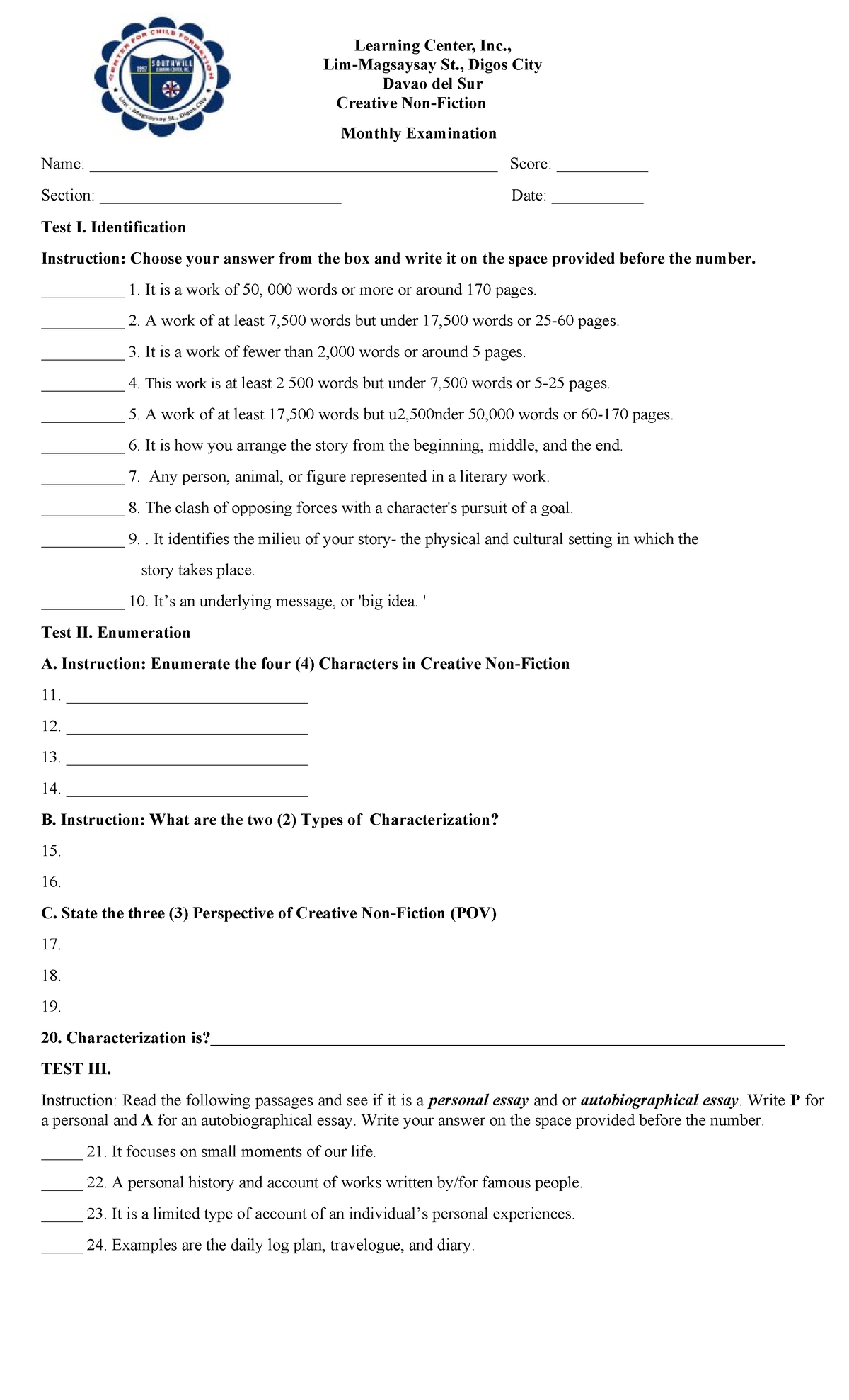 CREATIVE NON-FICTION EXAMINATION - Learning Center, Inc., Lim-Magsaysay ...