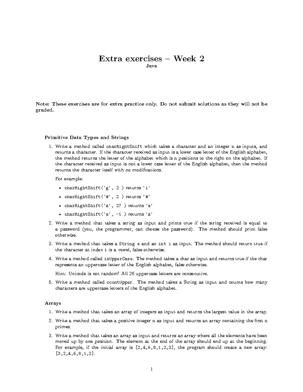 COMP250 Extra Exercises Week2 - Extra exercises – Week 2 Java Note: These exercises are for ...