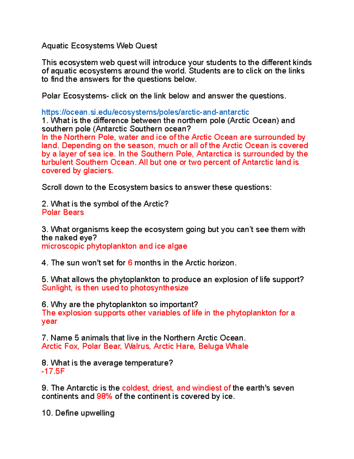 Aquatic Ecosystems Web Quest - Students are to click on the links to ...