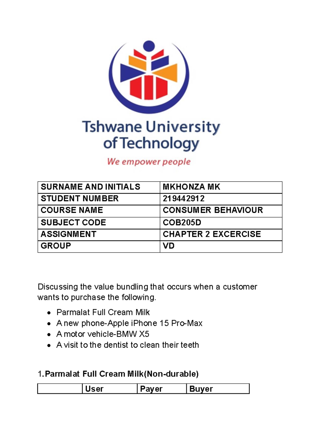 Consumer behaviour assigment - SURNAME AND INITIALS MKHONZA MK STUDENT ...