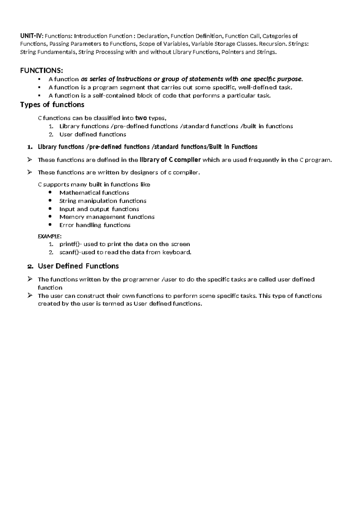 Unit - 4 functions - good notes - UNIT-IV: Functions: Introduction ...