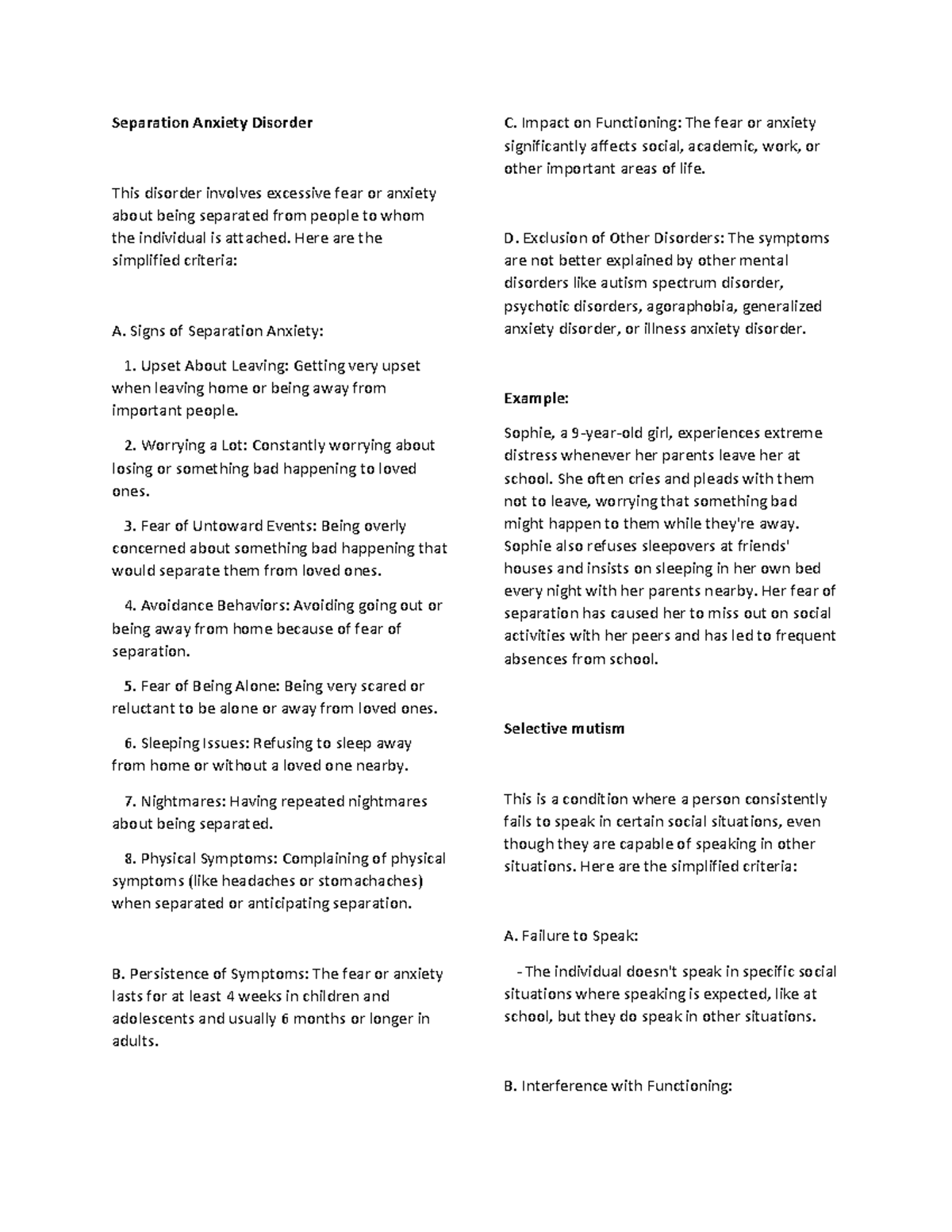 Anxiety Disorder x D - Summary DSM-5-TR(tm) Classification - Separation ...