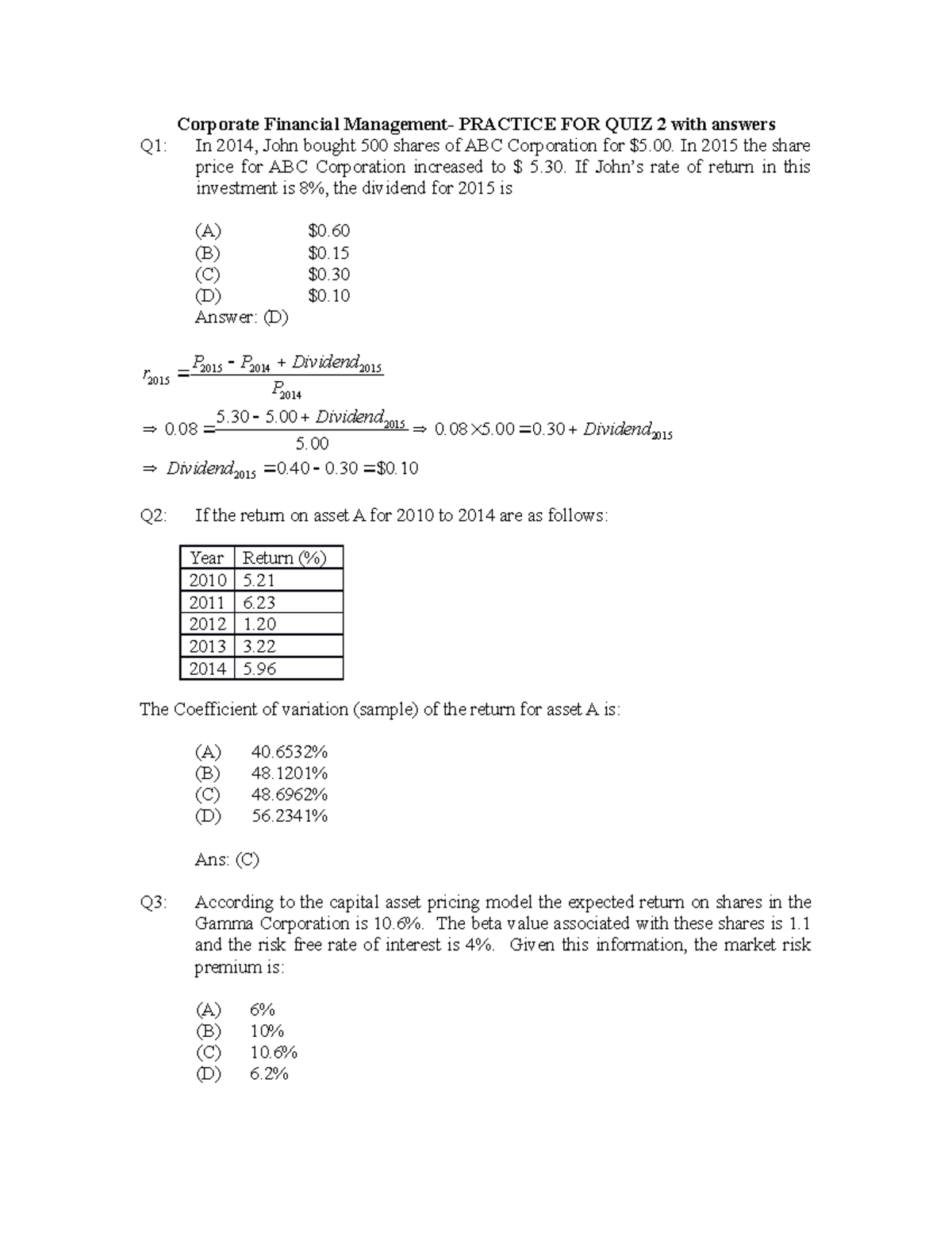 Practice questions for online quiz 2 final - Corporate Financial ...