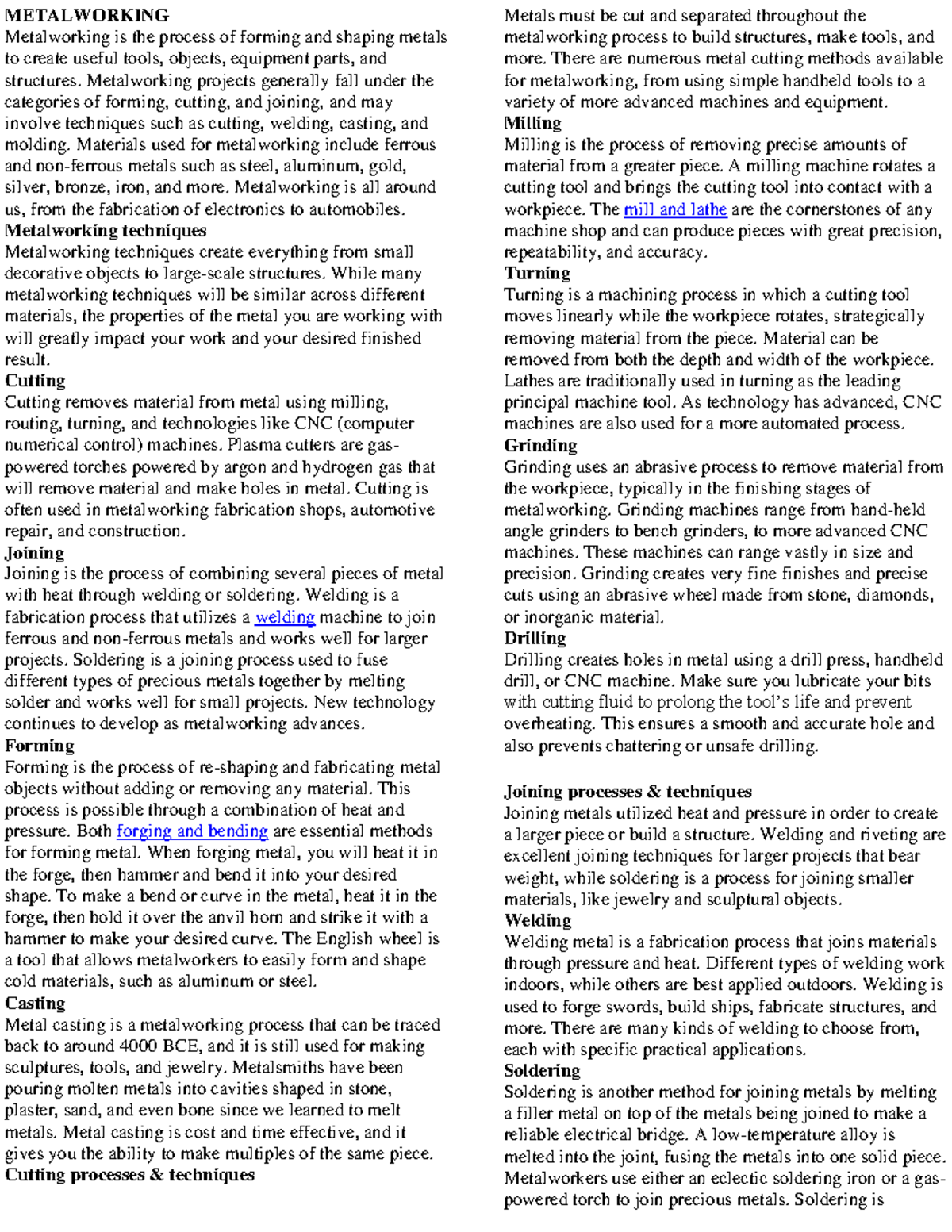 Metal Working - BROKEN DOWN NOTES - METALWORKING Metalworking is the ...