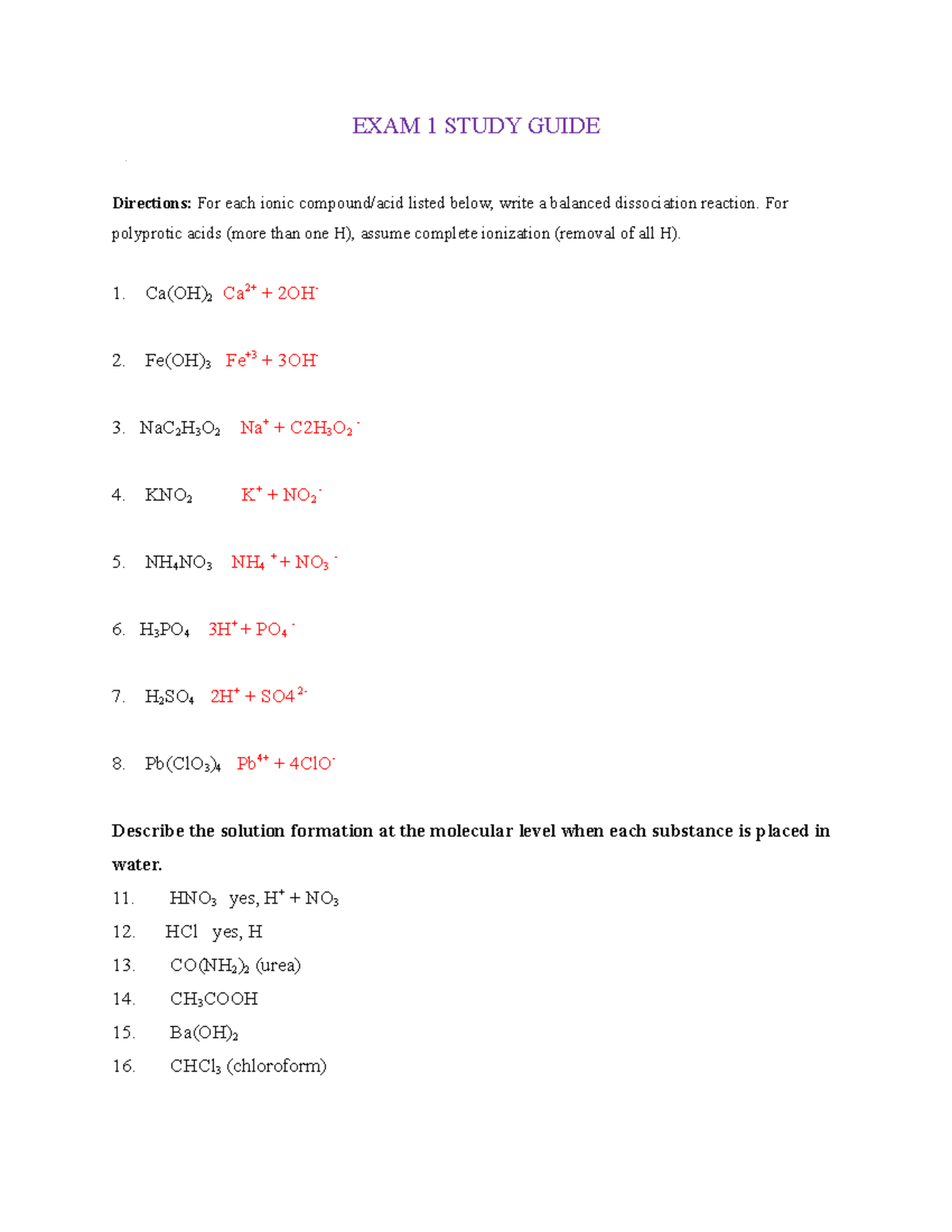 Chemistry EXAM 1 Study Guide - EXAM 1 STUDY GUIDE Directions: For each ...