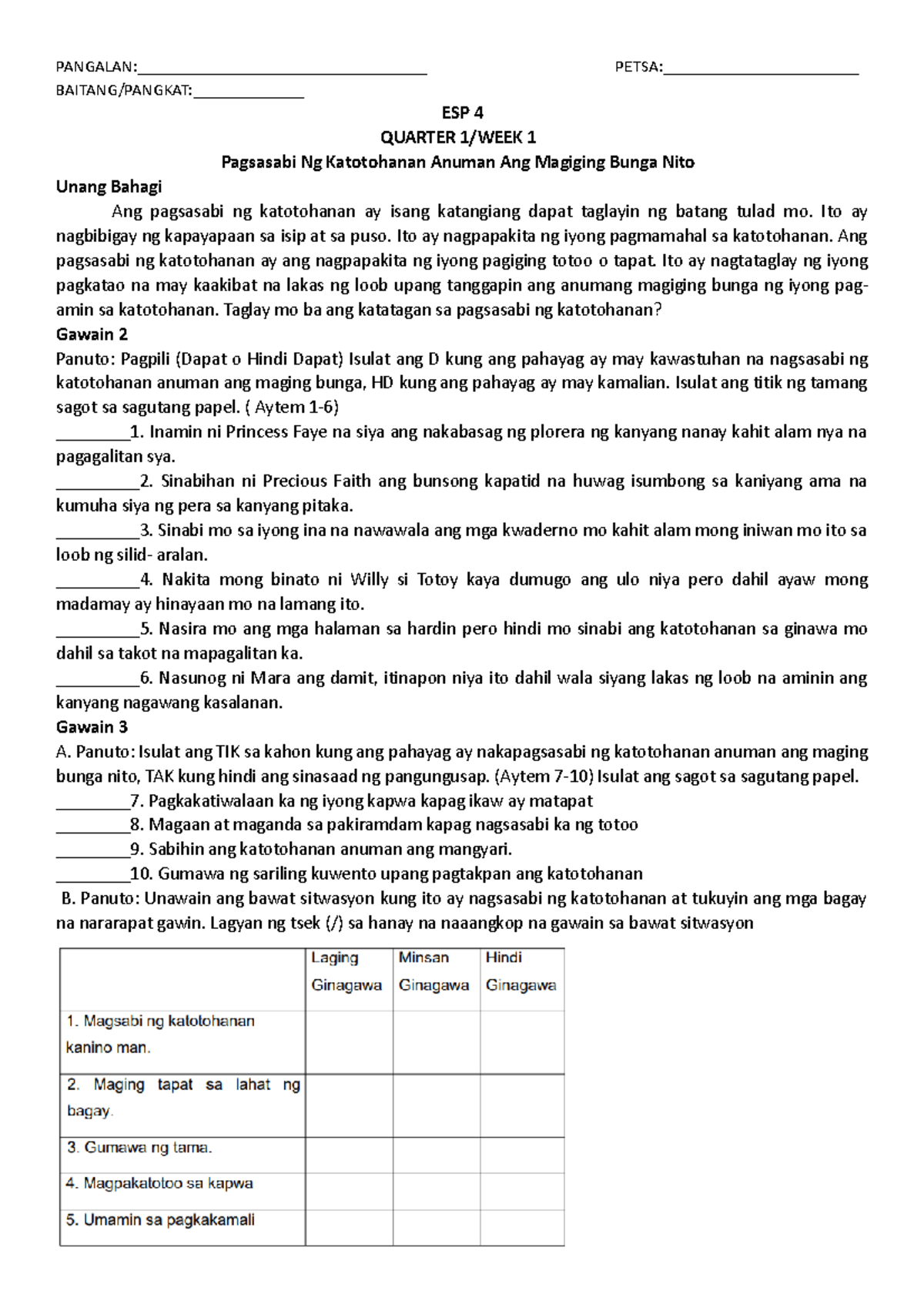 ESP - ACTIVITIES FOR CLASS DISCUSSION - PANGALAN ...