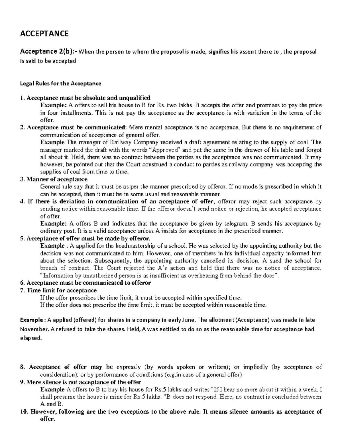 law of COntract - ACCEPTANCE Acceptance 2(b):- When the person to whom ...