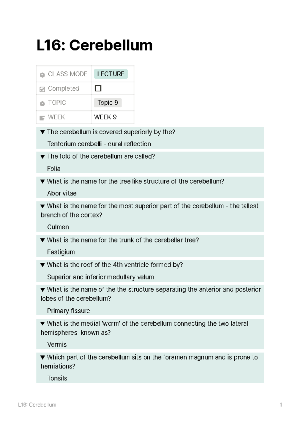 L16 Cerebellum - Lecture notes 7 - L16: Cerebellum CLASS MODE LECTURE ...