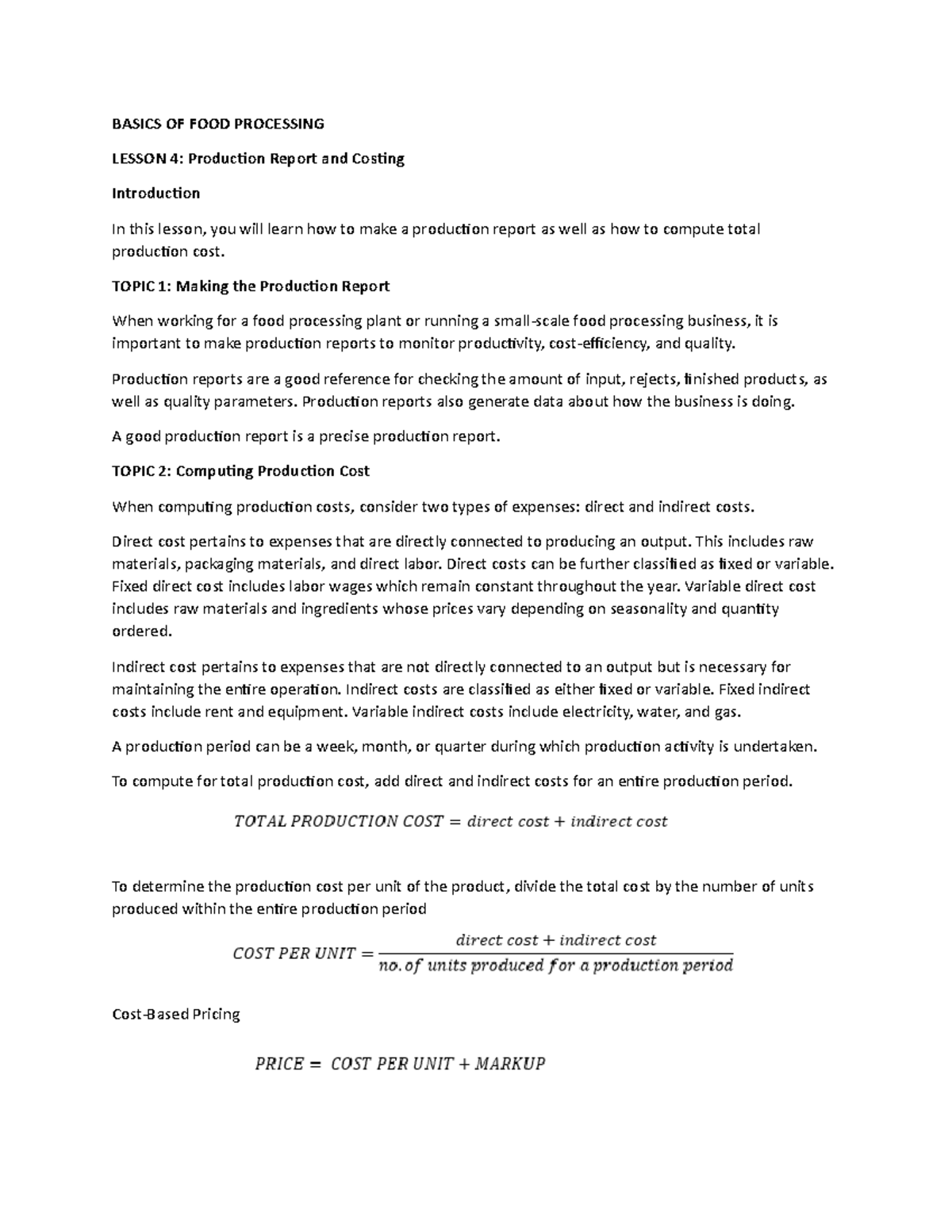 Production Report AND Costing - BASICS OF FOOD PROCESSING LESSON 4 ...