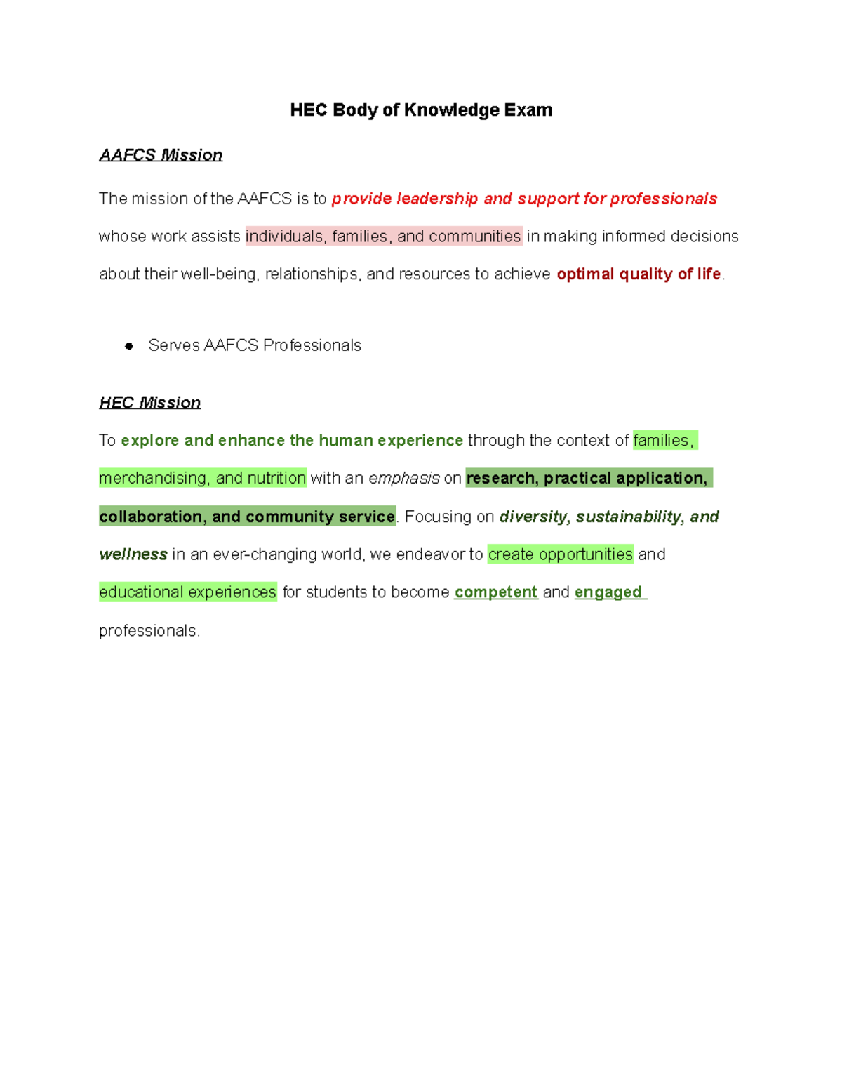 HEC Body of Knowledge Exam - HEC Body of Knowledge Exam AAFCS Mission ...