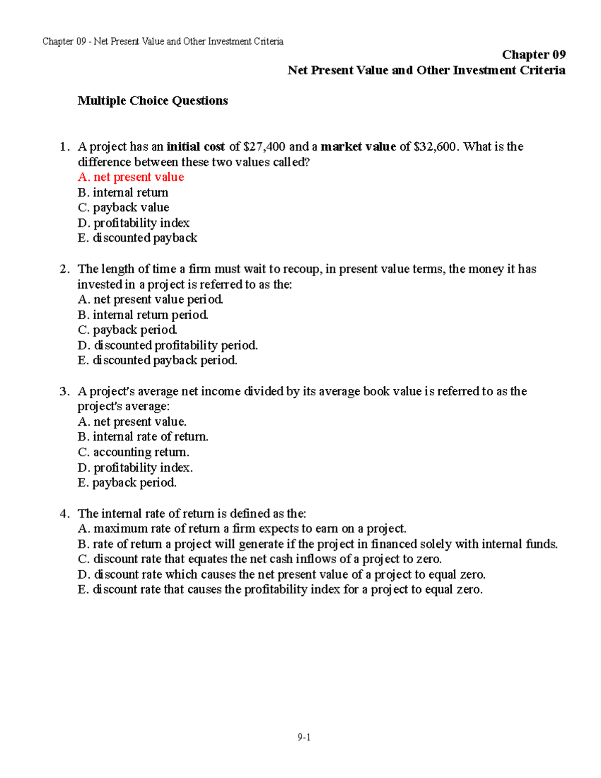 Chapter 9 Multiple choice question - Chapter 09 Net Present Value and ...