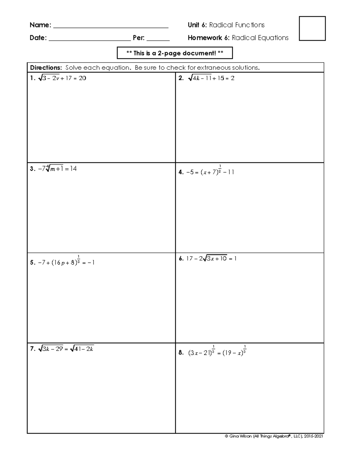 Solving Radical Equations HW - Name ...