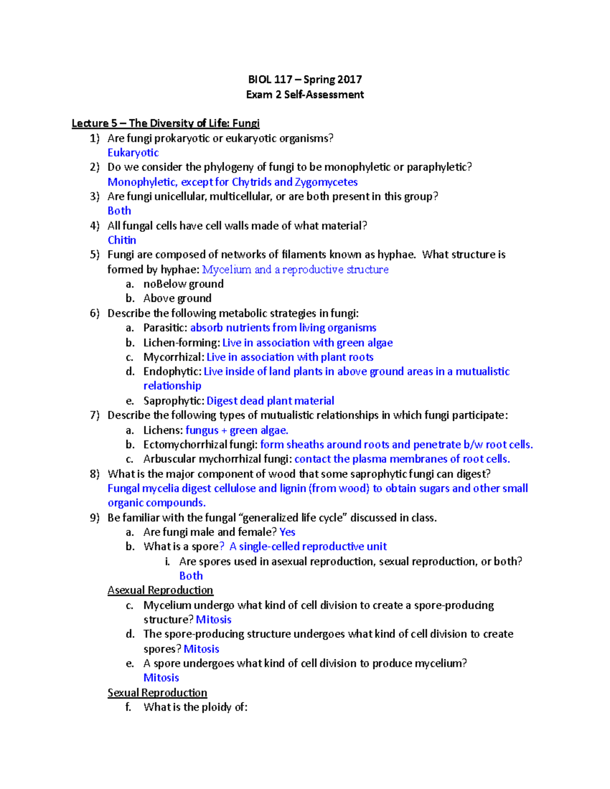 X Exam 2 Self Assessment - BIOL 117 – Spring 2017 Exam 2 Self ...