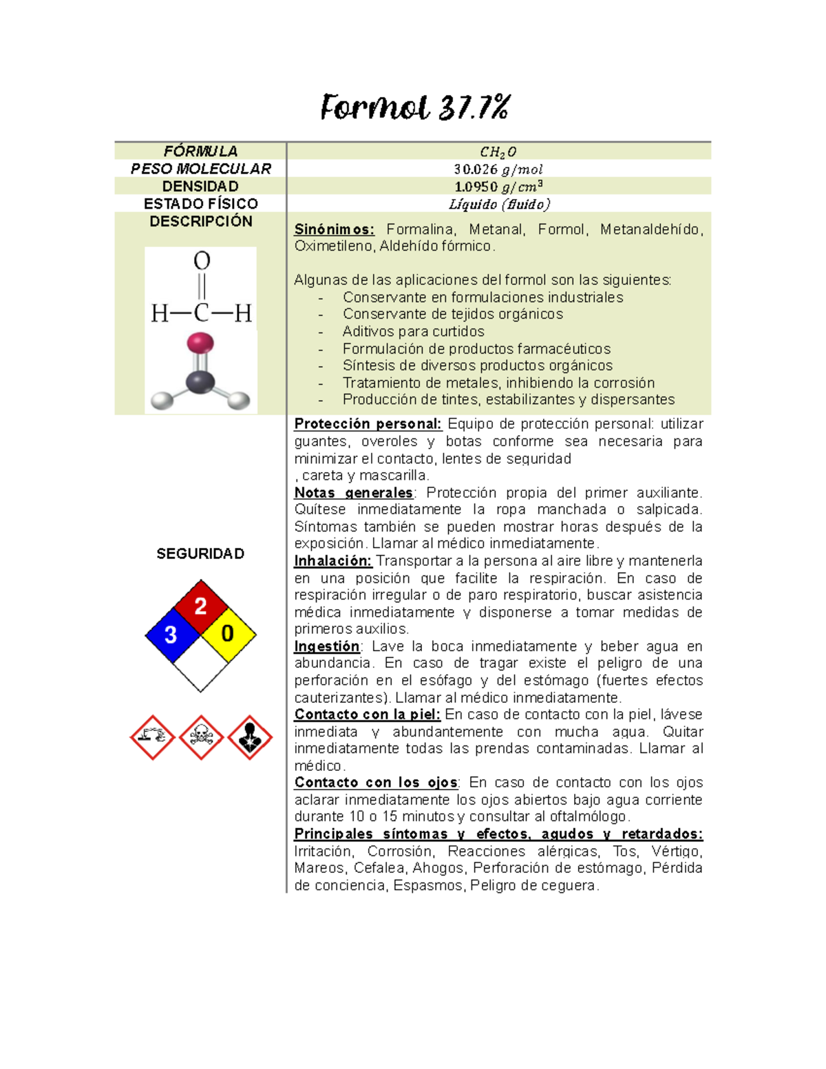Fichas tecnicas 1 bioquimica - FÓRMULA 𝐶𝐻 2 𝑂 PESO MOLECULAR 30 𝑔/𝑚𝑜𝑙 ...