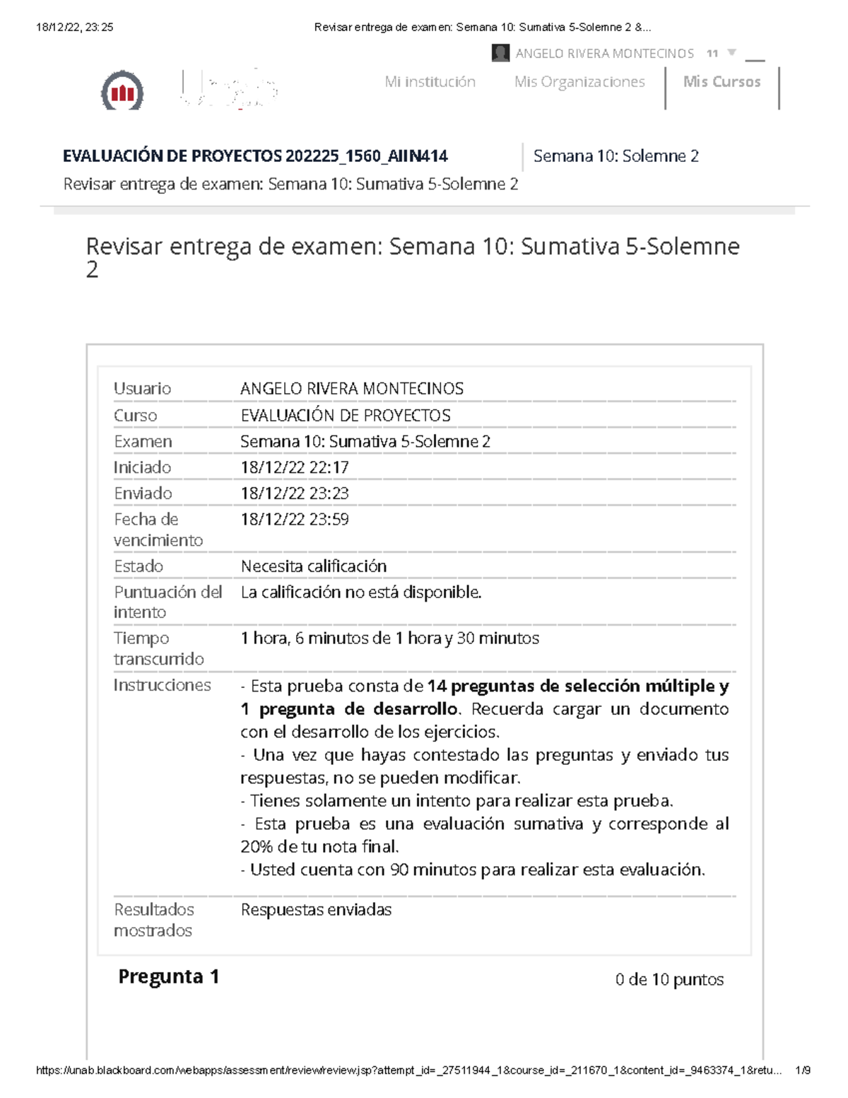 Revisar entrega de examen Semana 10 Sumativa 5-Solemne 2 & - EVALUACIÓN DE PROYECTOS - Studocu