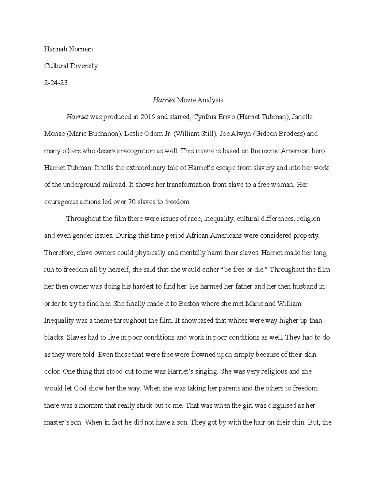 Harriet movie analysis - Hannah Norman Cultural Diversity 2-24- Harriet ...