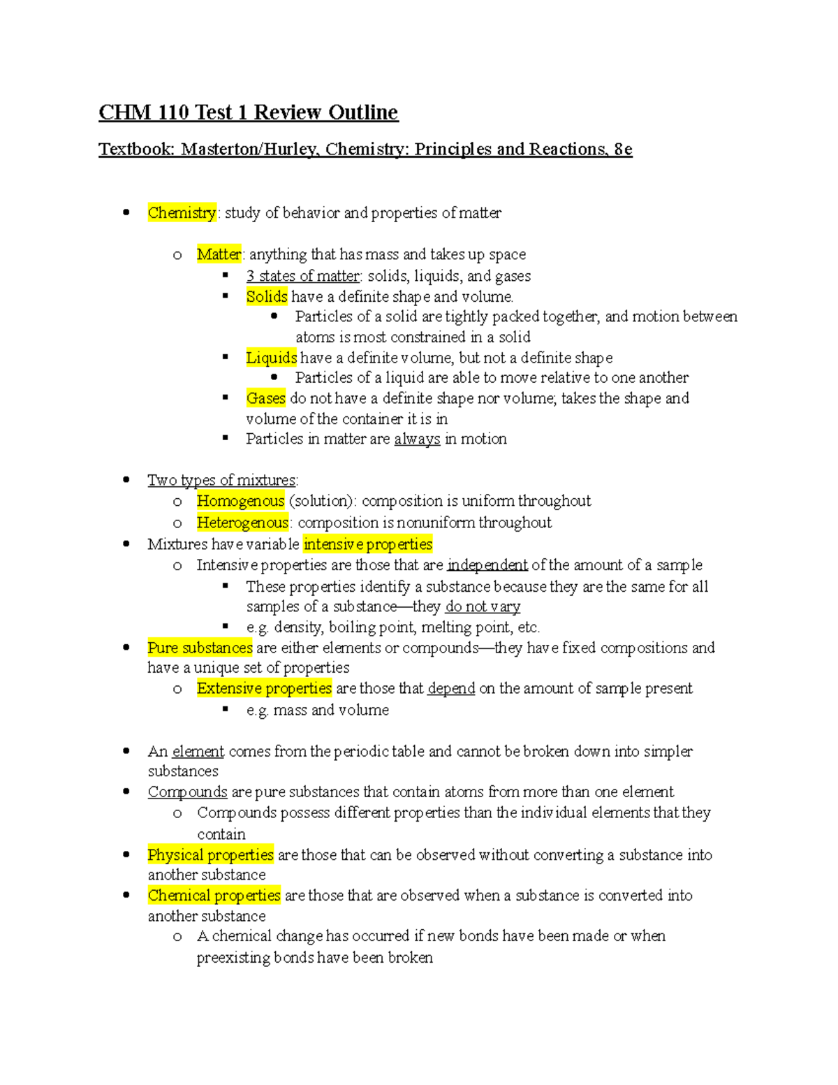 CHM 110 Test 1 Review Outline - CHM 110 Test 1 Review Outline Textbook ...