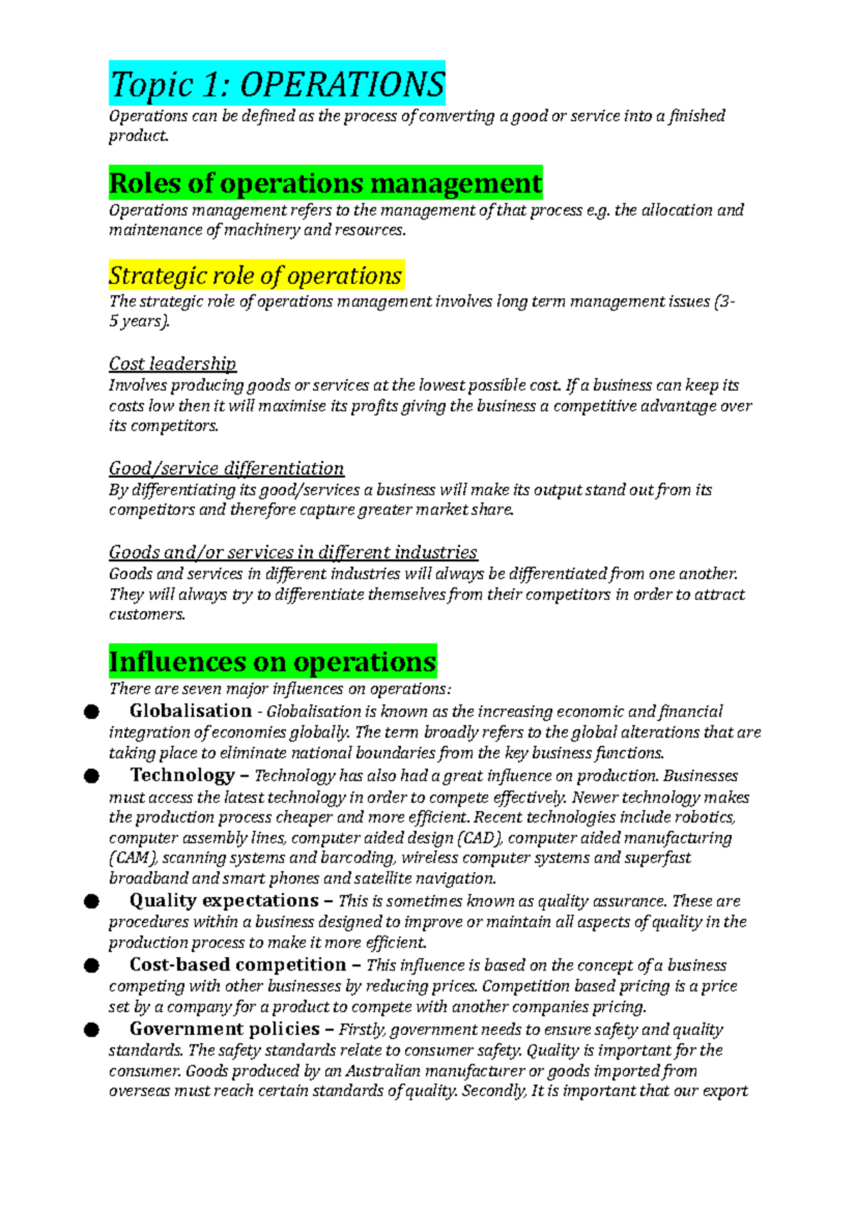 Business Notes External - Topic 1: OPERATIONS Operations can be defined ...