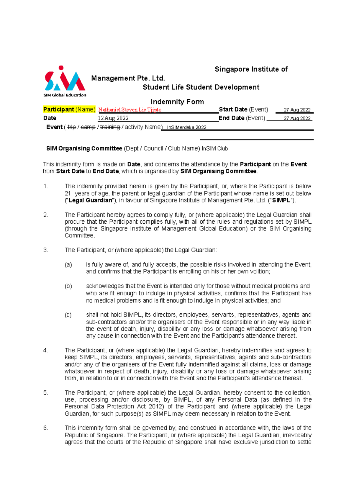 In SIMerdeka Indemnity%20Form - Singapore Institute of Management Pte ...