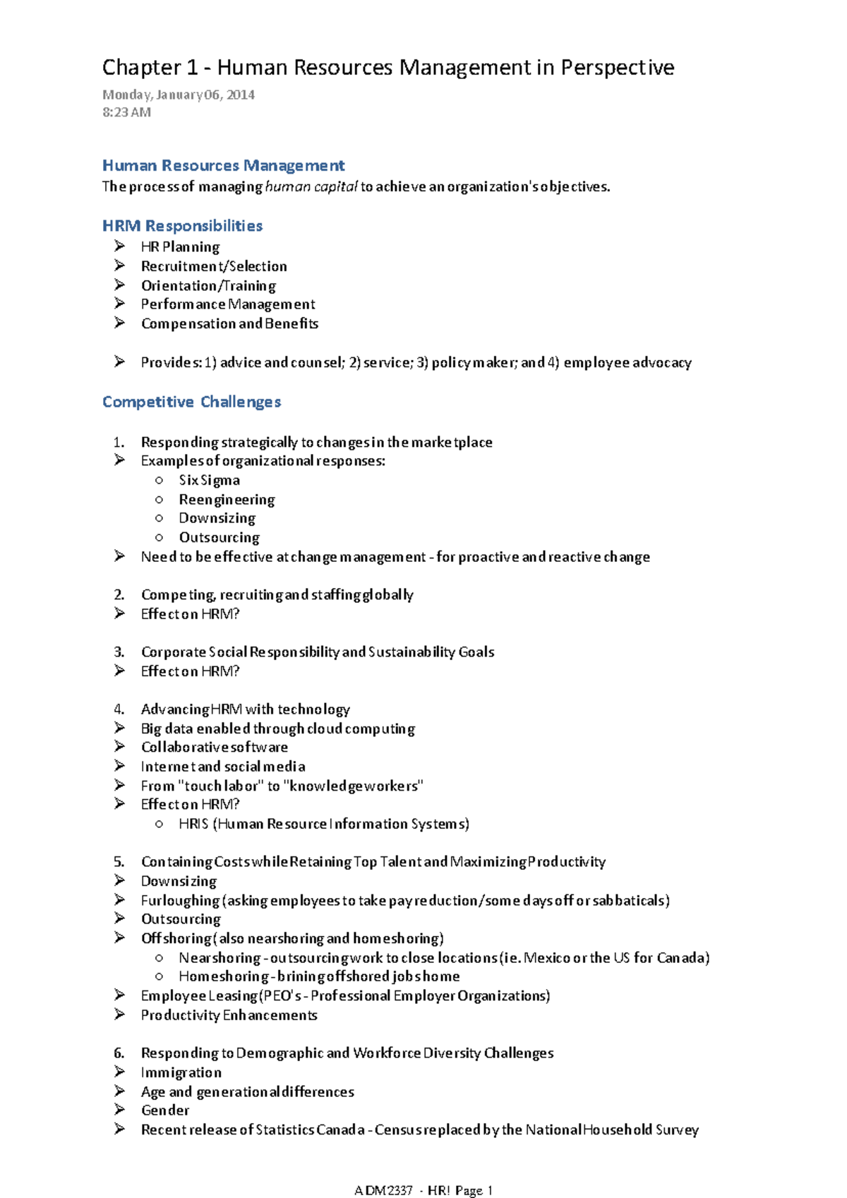 ADM2337 (HR notes) - Lecture notes 1-15 - Chapter 1 - Human Resources ...
