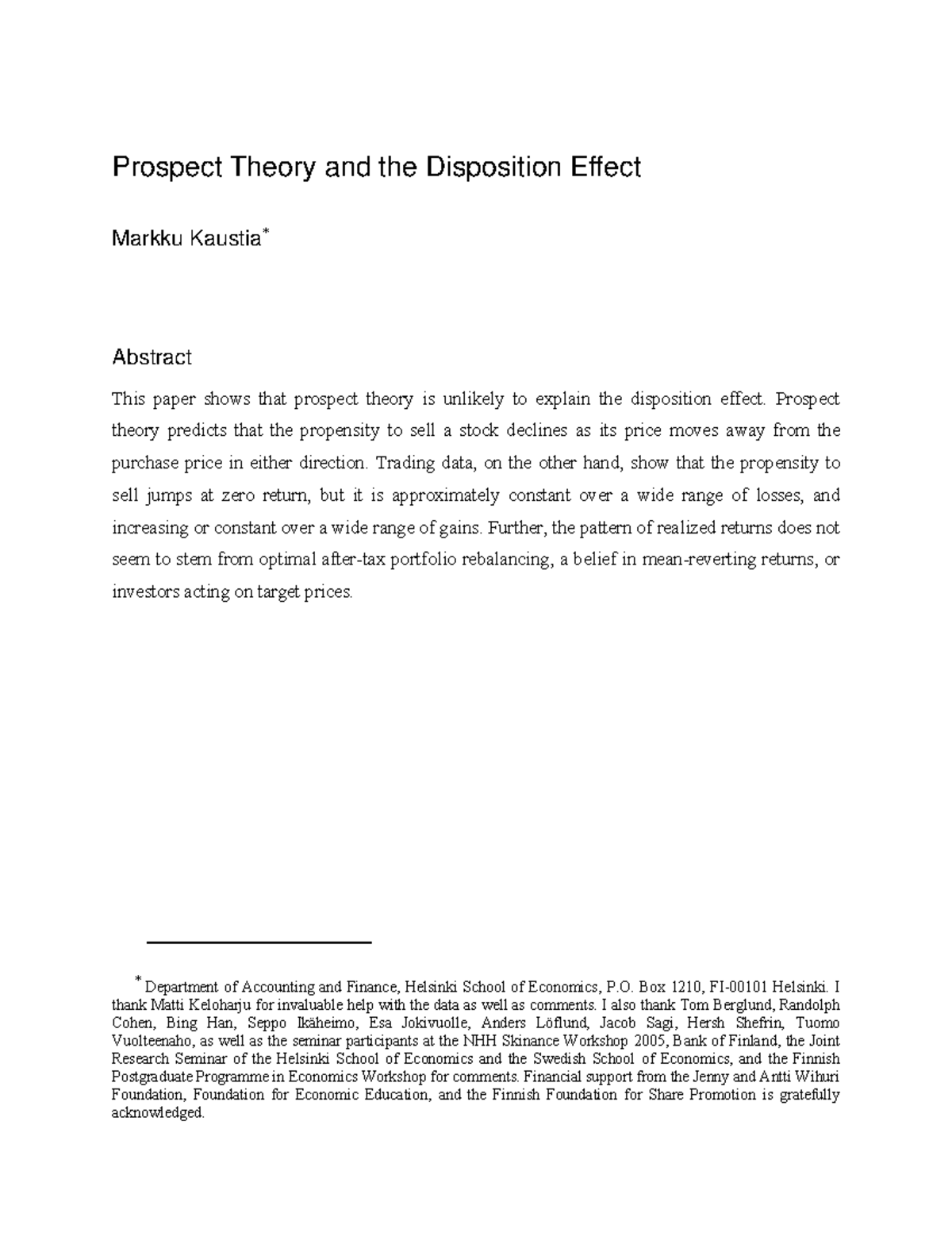 Prospect theory and disposition effect - Prospect Theory and the ...