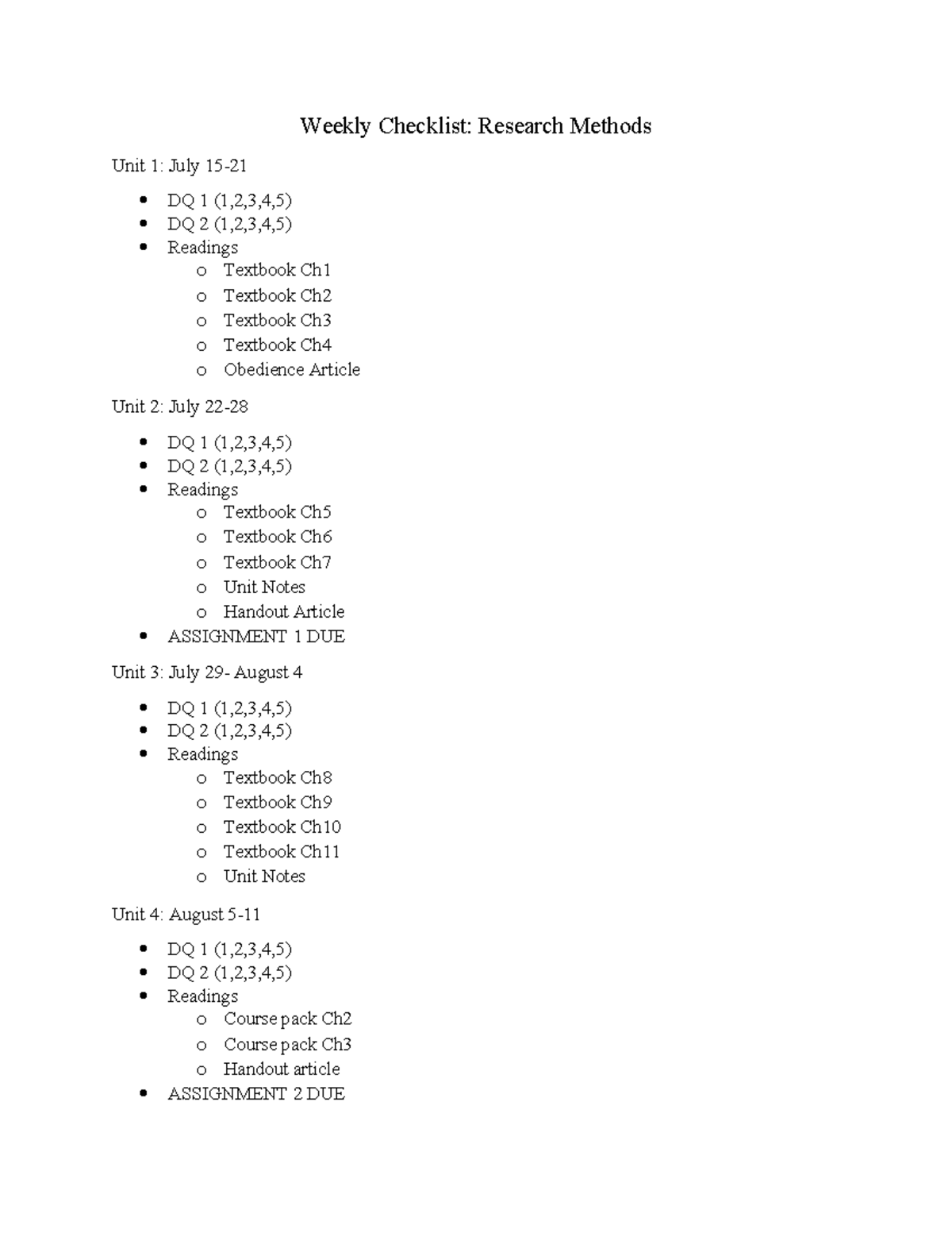 Weekly Checklist - Studocu