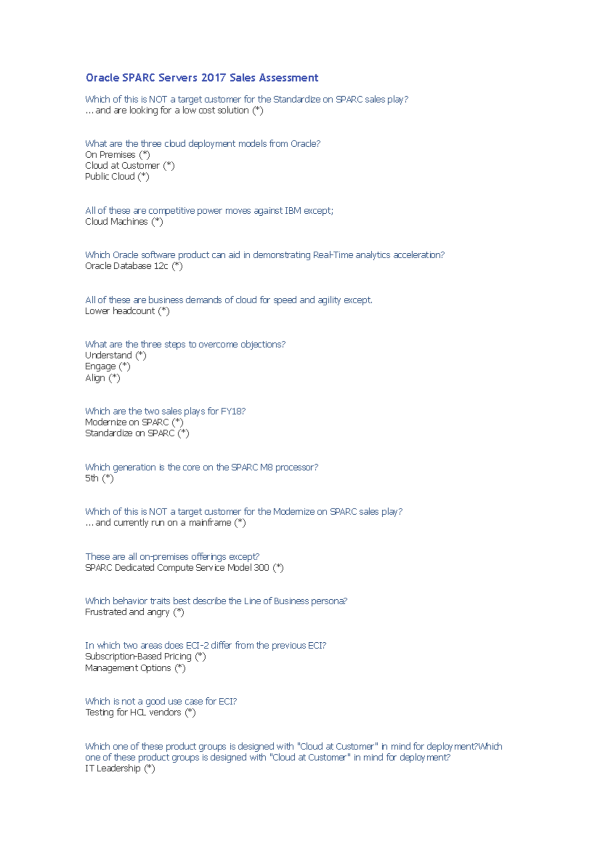 Oracle Sparc Servers 2017 Sales Assessment Oracle Sparc Servers 2017 Sales Assessment Which Of