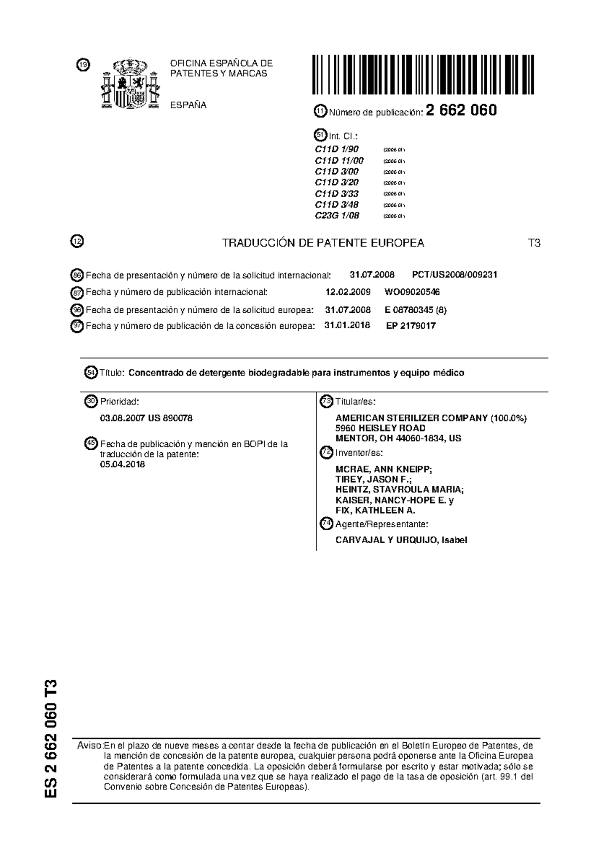 PATENTE DE INVESTIGACION DE PROCESOS II - ES 2 662 060 T 11 2 662 060 ...