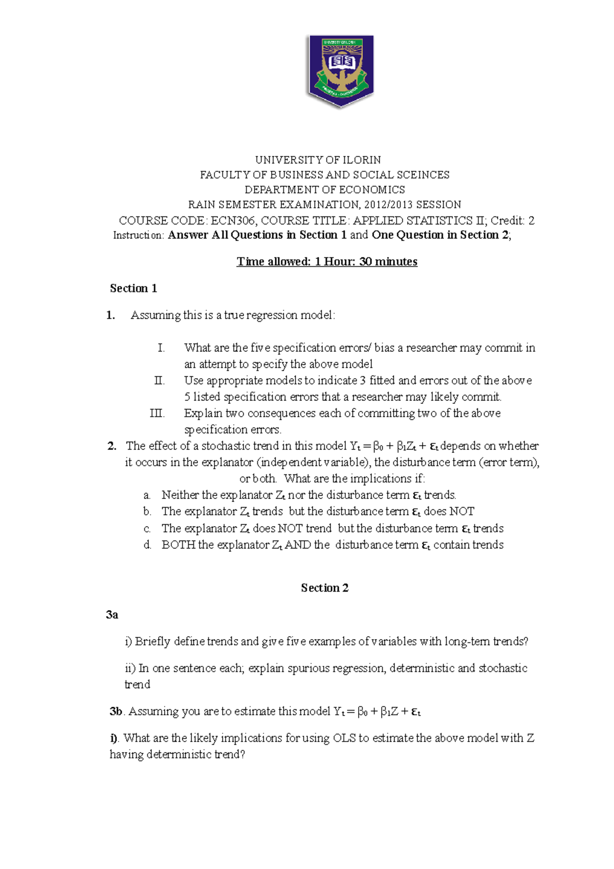 2013 ECN 306 - Note on Econometrics. - UNIVERSITY OF ILORIN FACULTY OF ...