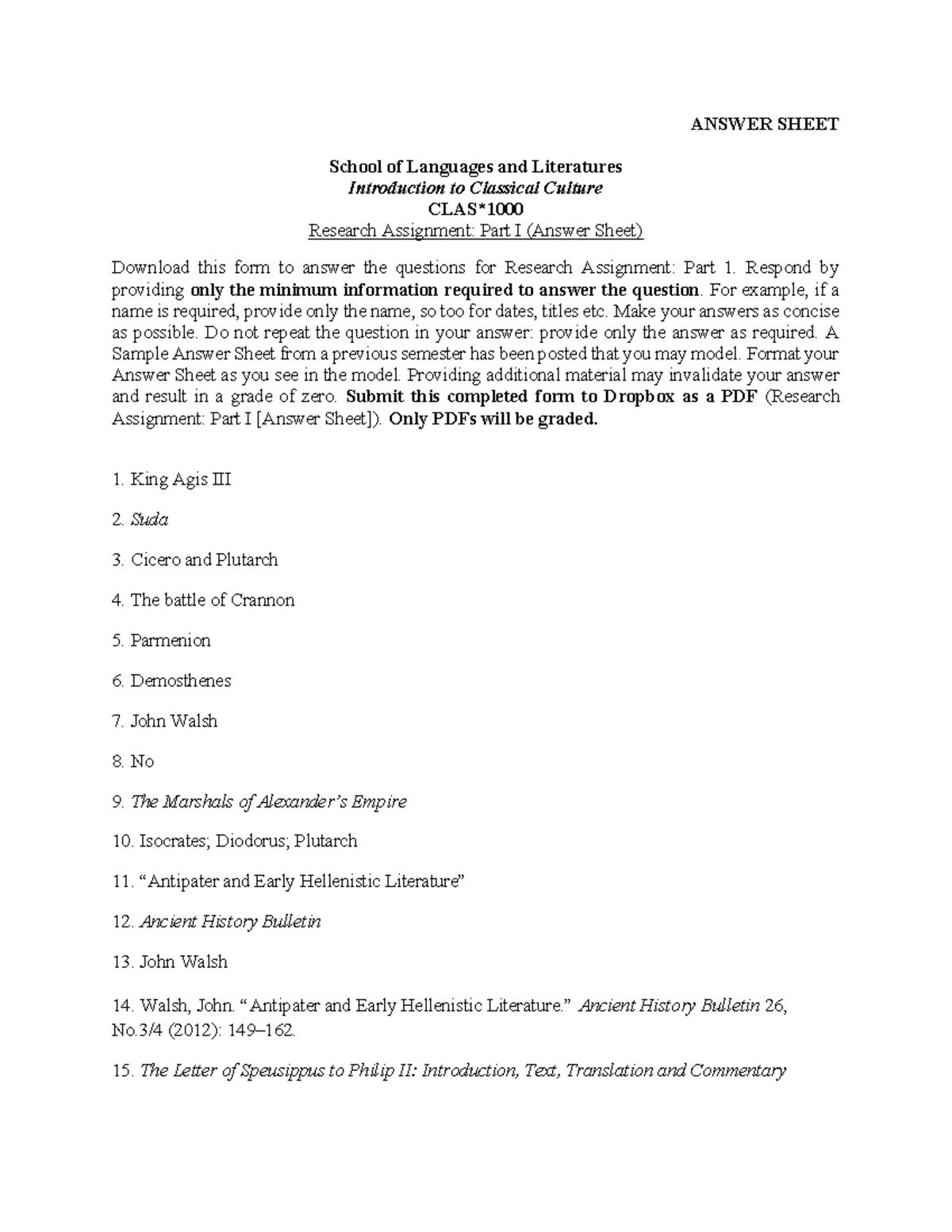 Research Assignment Part I Answer Sheet - ANSWER SHEET School of ...