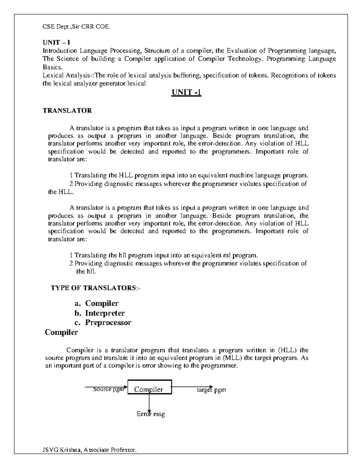 3 1 Compiler Design removed - UNIT – I Introduction Language Processing, Structure of a compiler ...